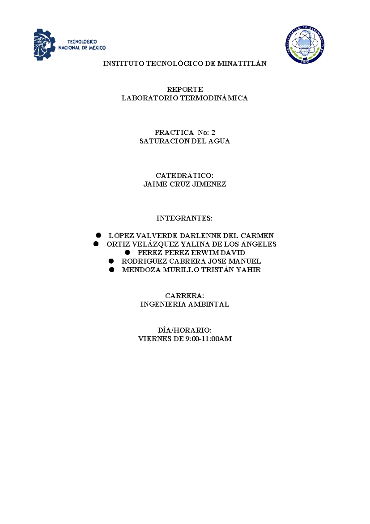 Práctica 2 de Termo - INSTITUTO TECNOLÓGICO DE MINATITLÁN REPORTE ...
