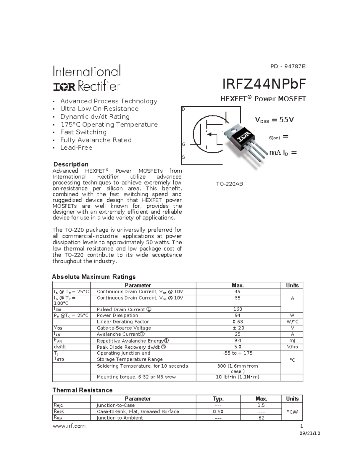 Infineon-IRFZ44N-Data Sheet-v01 01-EN - VDSS = 55V R DS(on) = 17 ID = 49A D G S TO-220AB ...