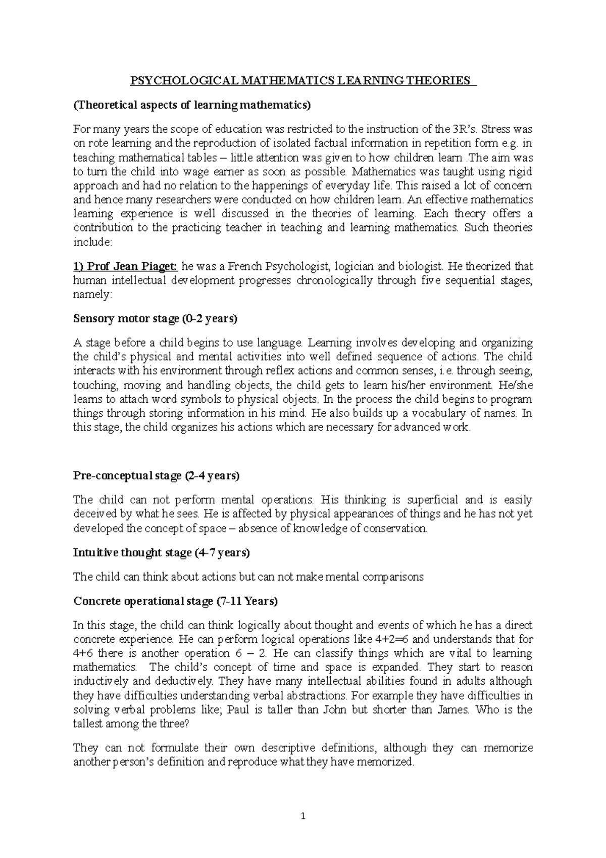 Lesson 2- Psychological Mathematics Learning Theories - introduction to ...