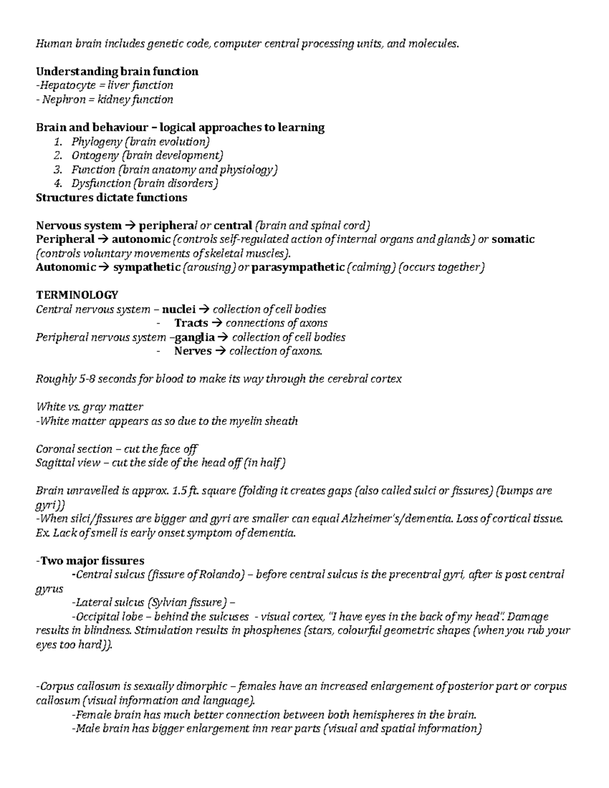 Lecture 1 - Quick Notes - Professor Neil Fournier - Human brain ...