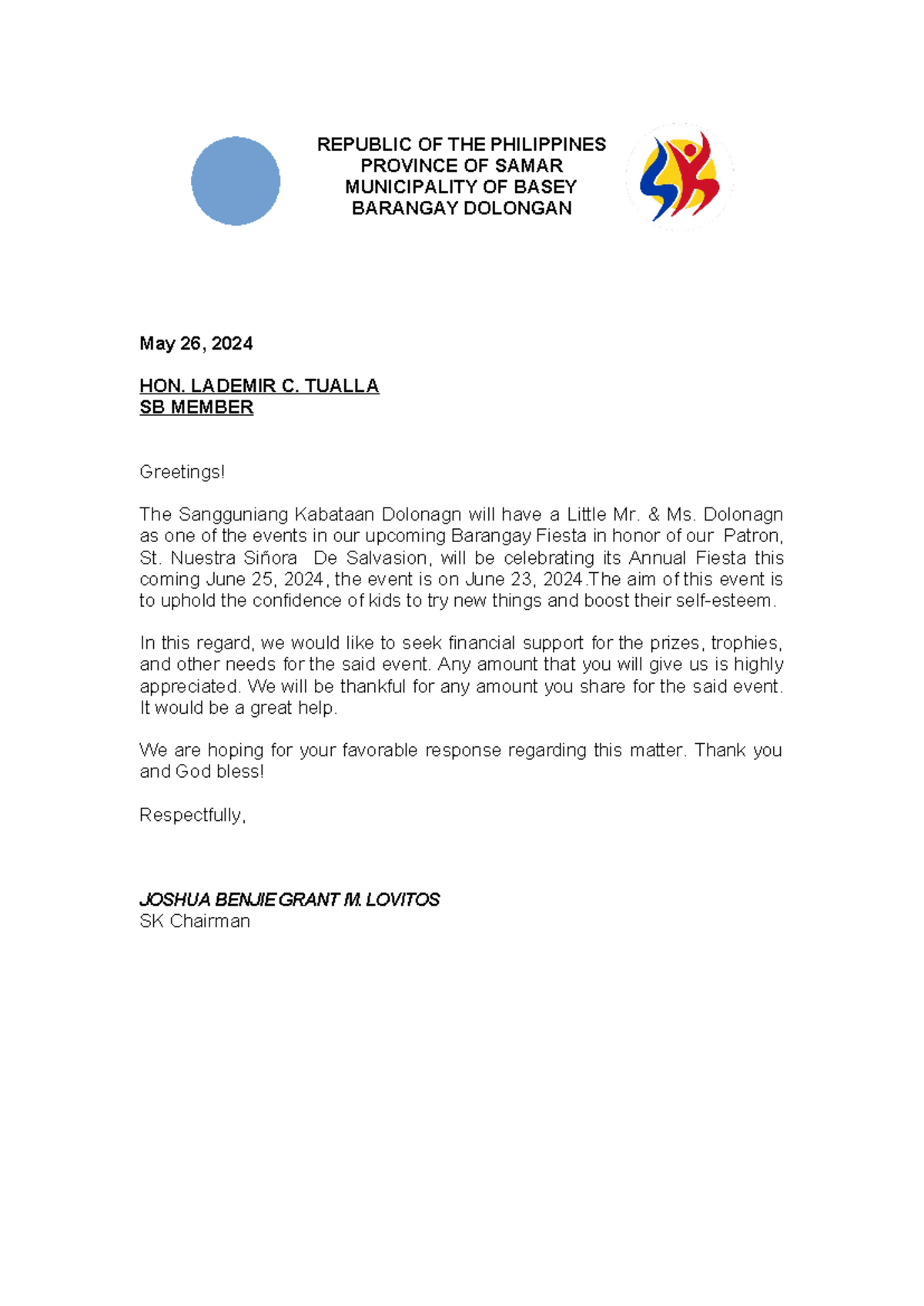 Solizatation Letter - REPUBLIC OF THE PHILIPPINES PROVINCE OF SAMAR ...