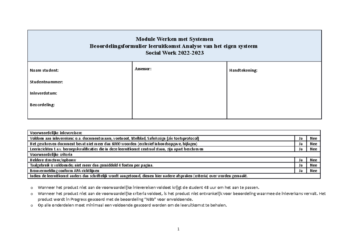2022-2023 Beoordelingsformulier SW Leeruitkomst Analyse van het eigen ...