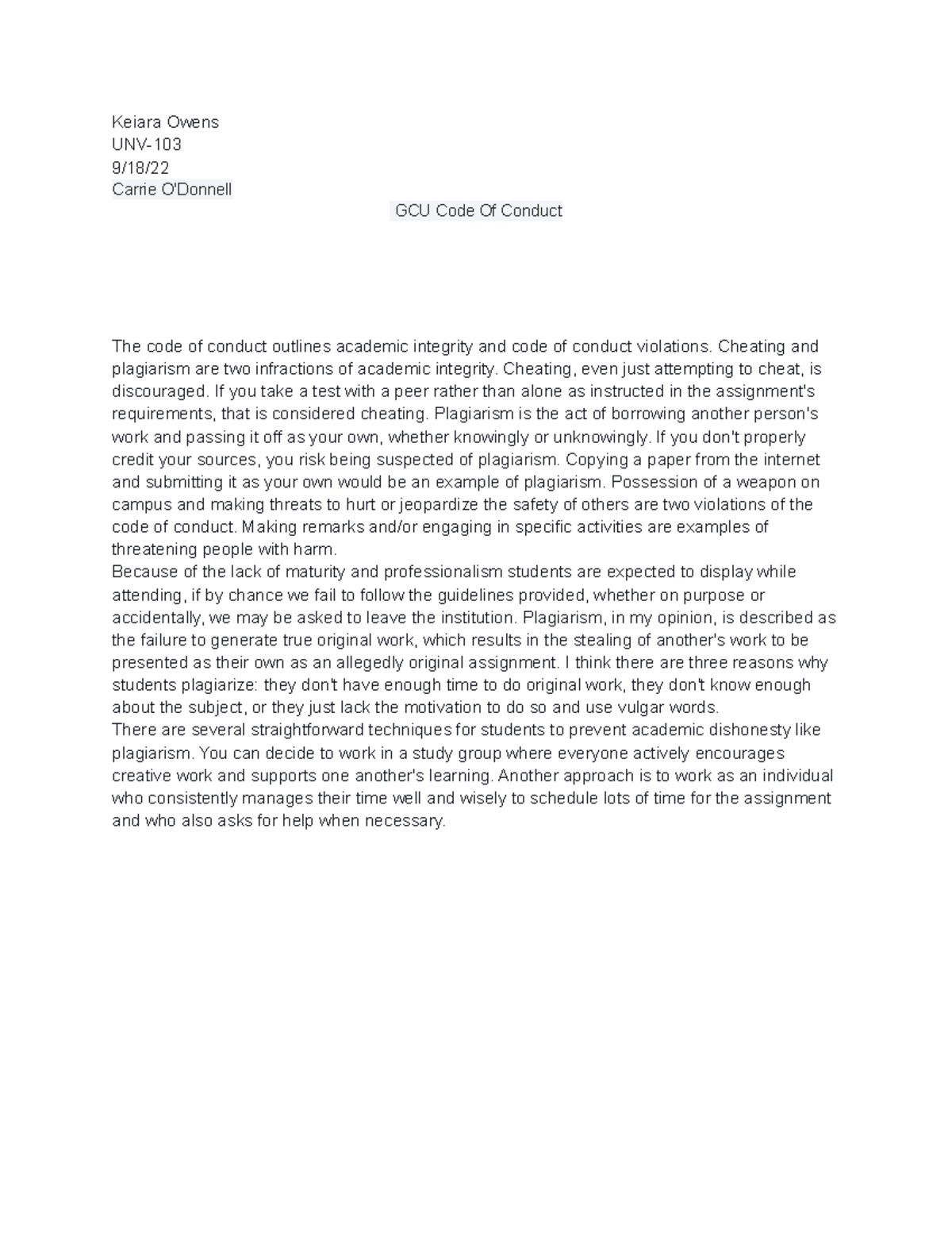 Reflection Gcu Code Of Conduct Keiara Owens Unv 9 18 Carrie Odonnell Gcu Code Of Conduct