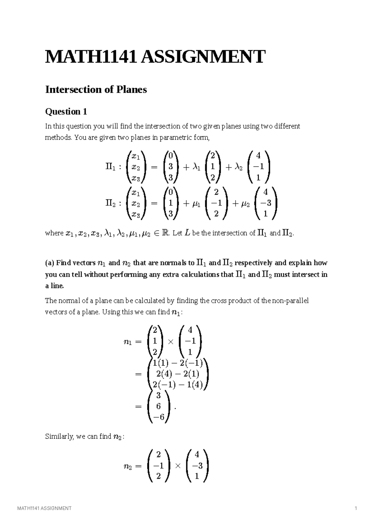 Math ASSIGNMENT draft - MATH1141 ASSIGNMENT Intersection of Planes ...