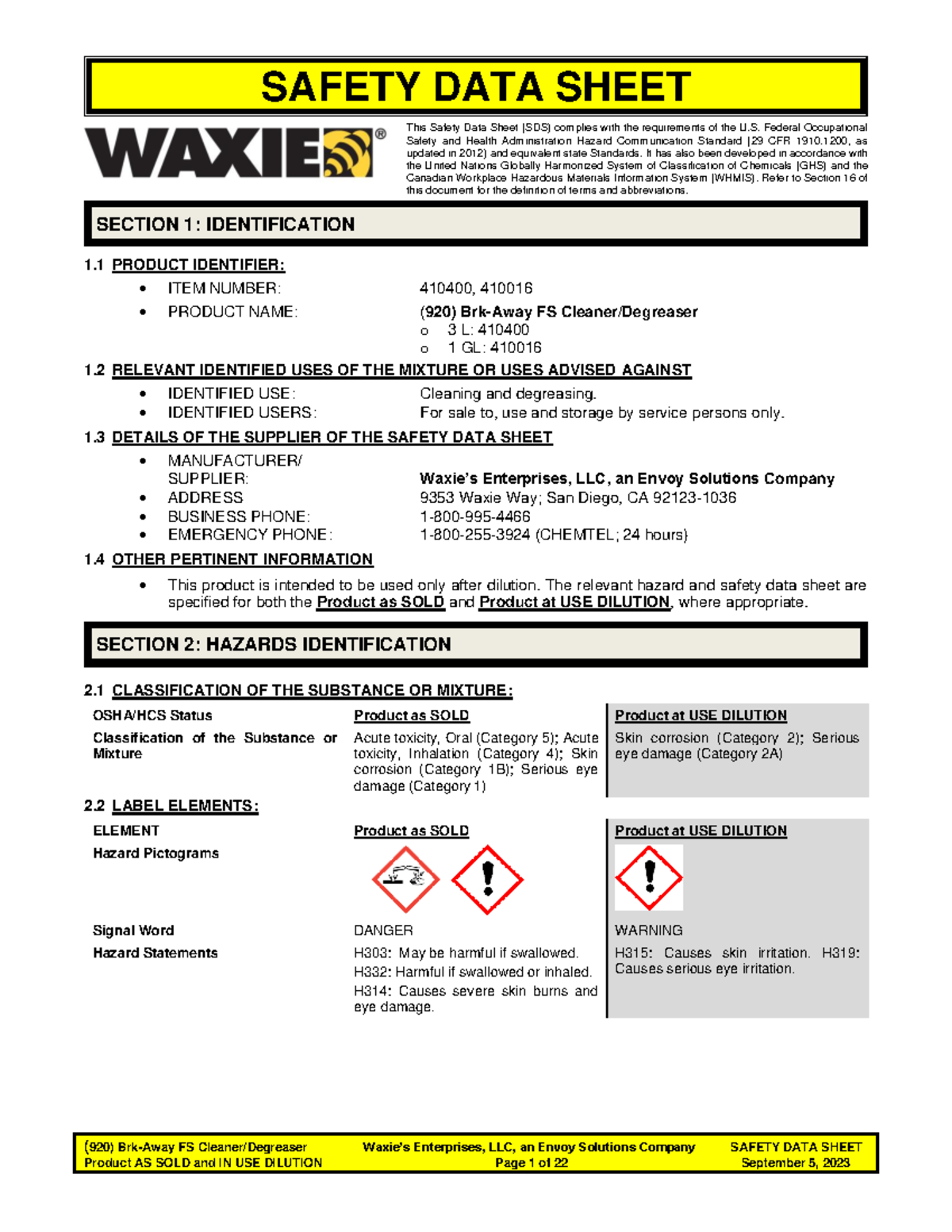 W400 HOJA DE Seguridad ING ESPA - (920) Brk-Away FS Cleaner/Degreaser ...