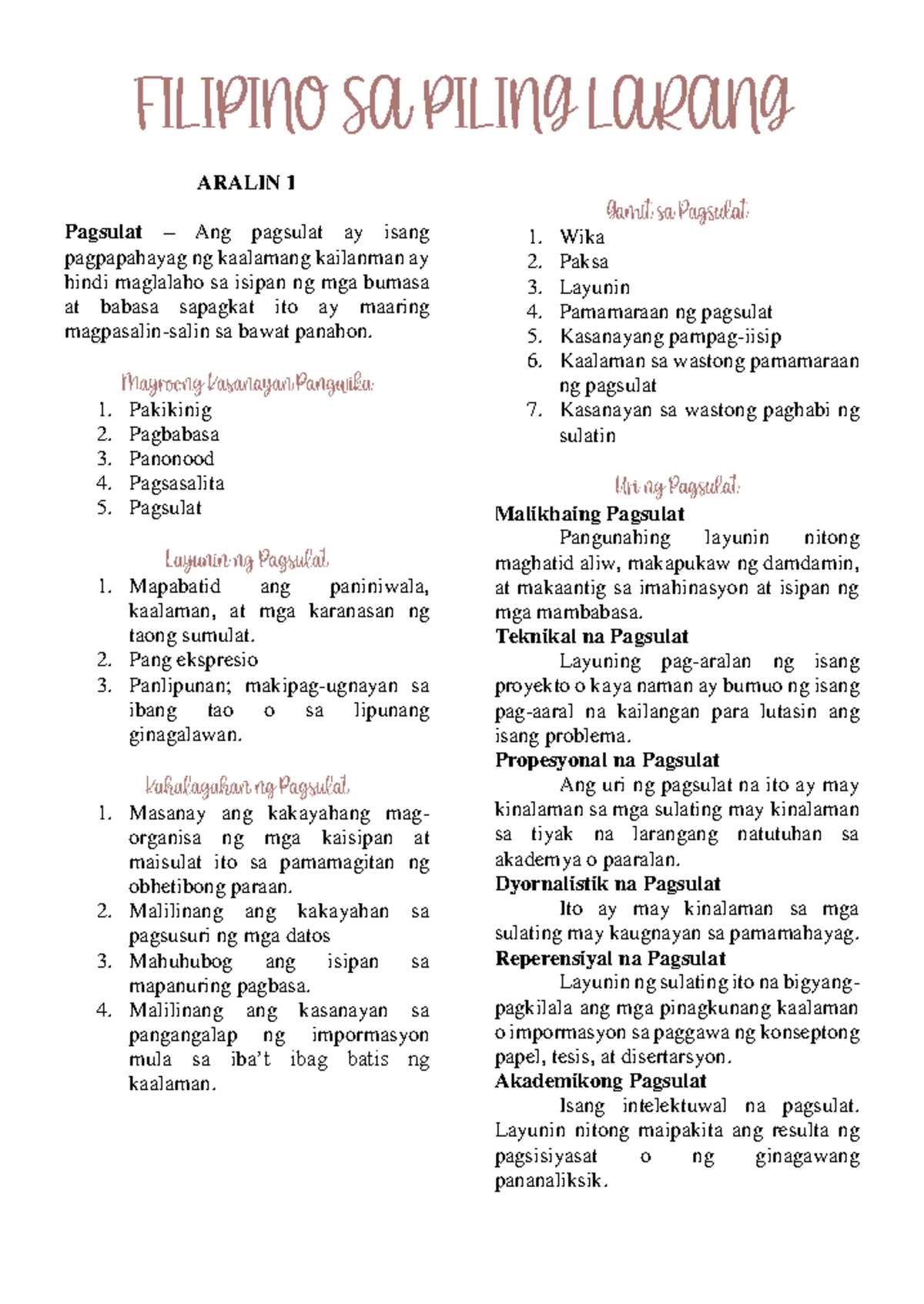 Aralin 1 Pagsulat - FPL Lecture Material - ARALIN 1 Pagsulat – Ang pagsulat ay isang ...