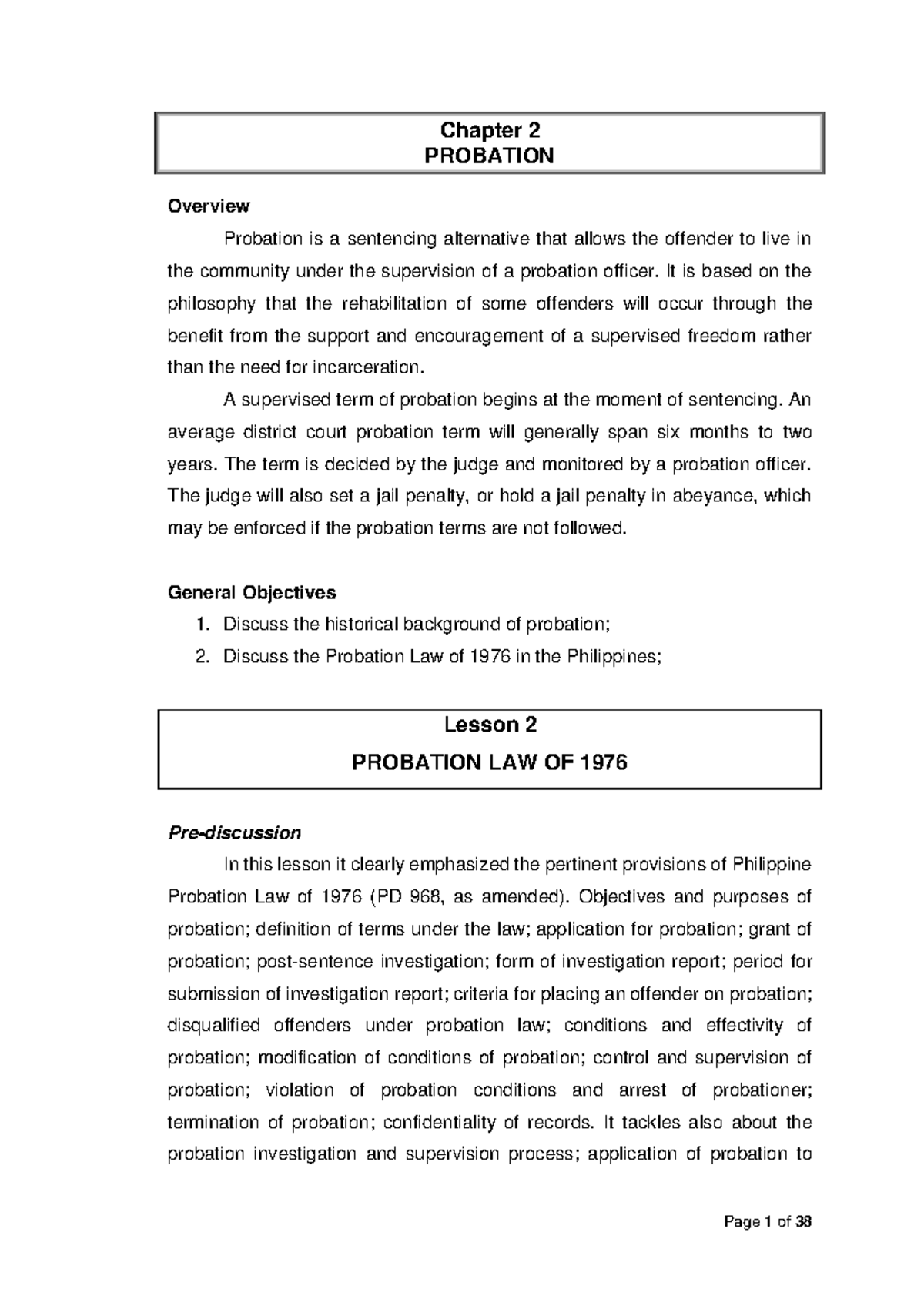 Chapter 2, Lesson 2 Probation Law of 1976 - Chapter 2 PROBATION ...
