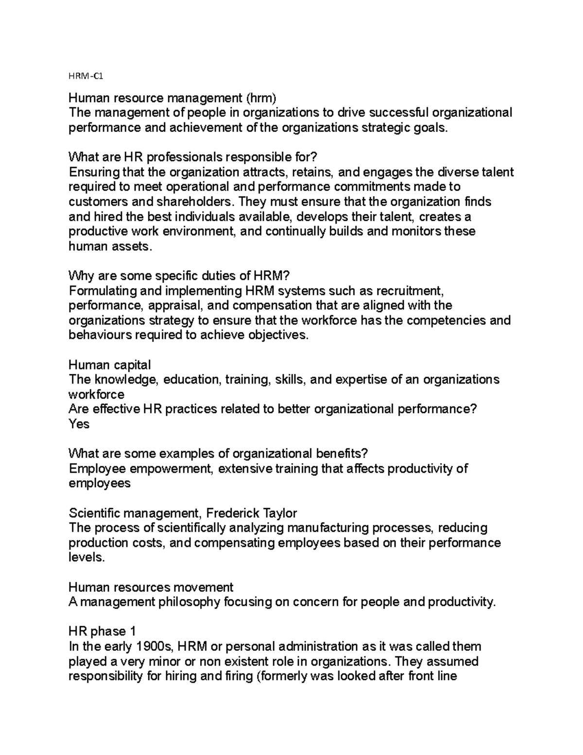 HRM-C1 - notes for course - HRM-C Human resource management (hrm) The ...