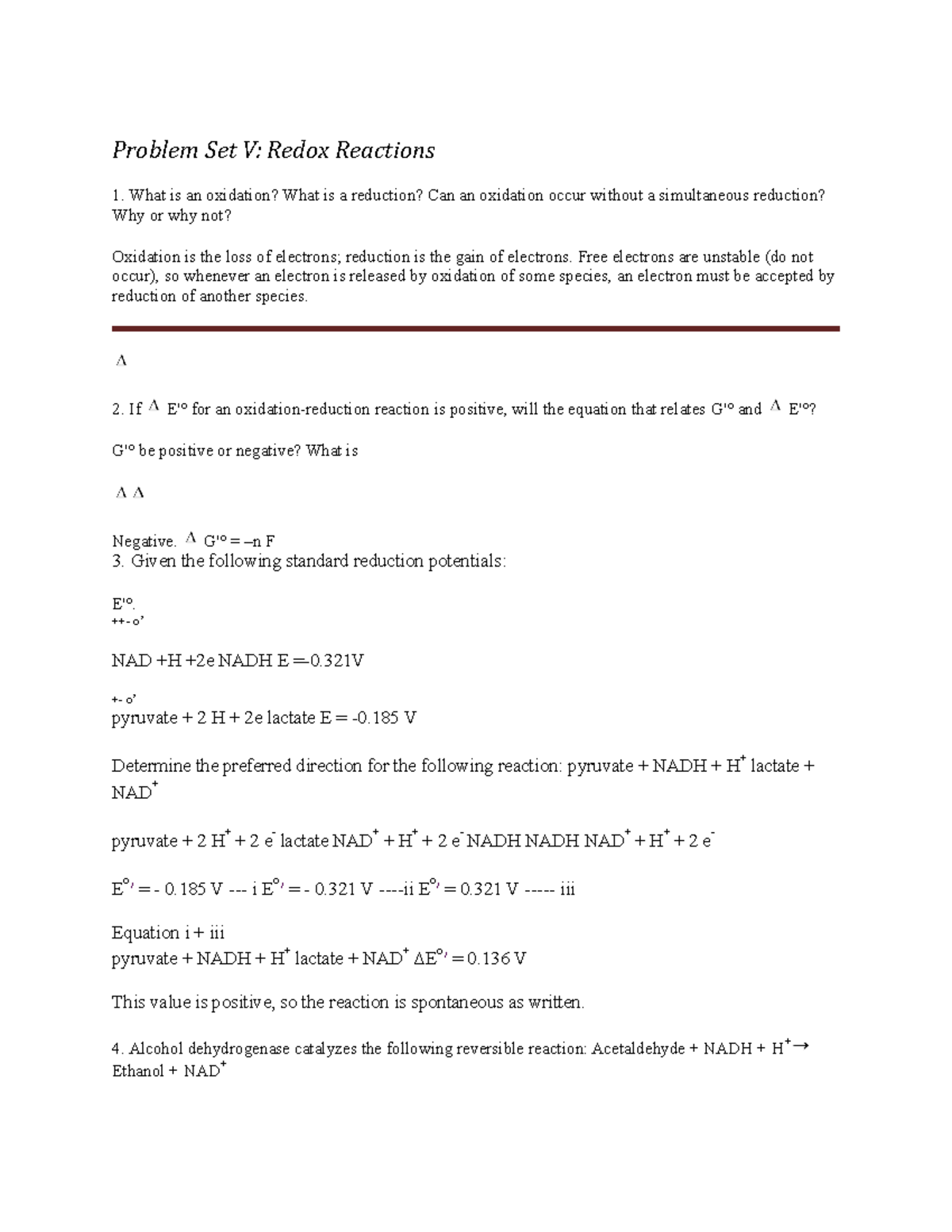 BIOC Problem Set V Redox Reactions Solutions - Problem Set V: Redox Reactions What is an ...