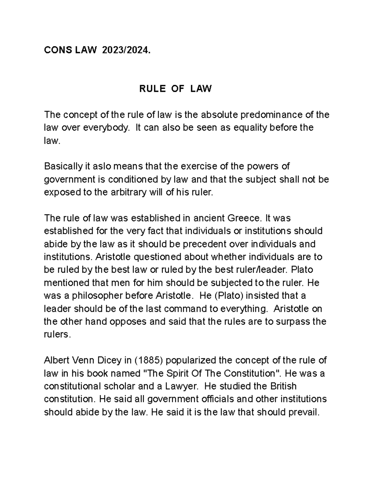 RULE OF LAW - Brief notes related to our course of study - CONS LAW ...
