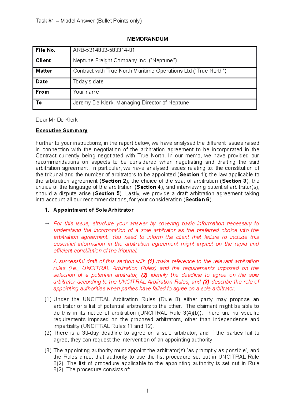 Task 1- Model Answer - Final (annotations) - MEMORANDUM File No. ARB ...