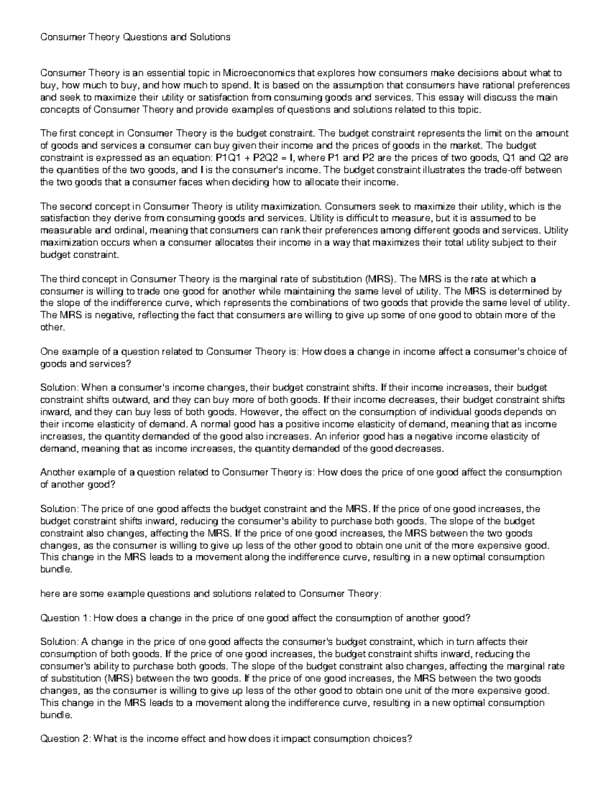 Consumer Theory Questions and Solutions - Consumer Theory Questions and Solutions Consumer ...