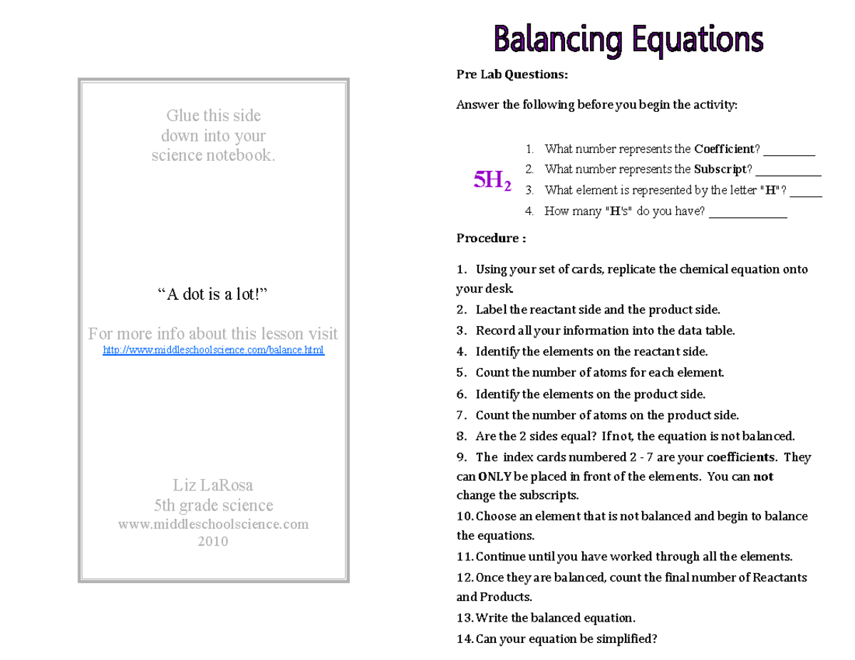 Balancing equations handout worksheet - Glue this side down into your ...