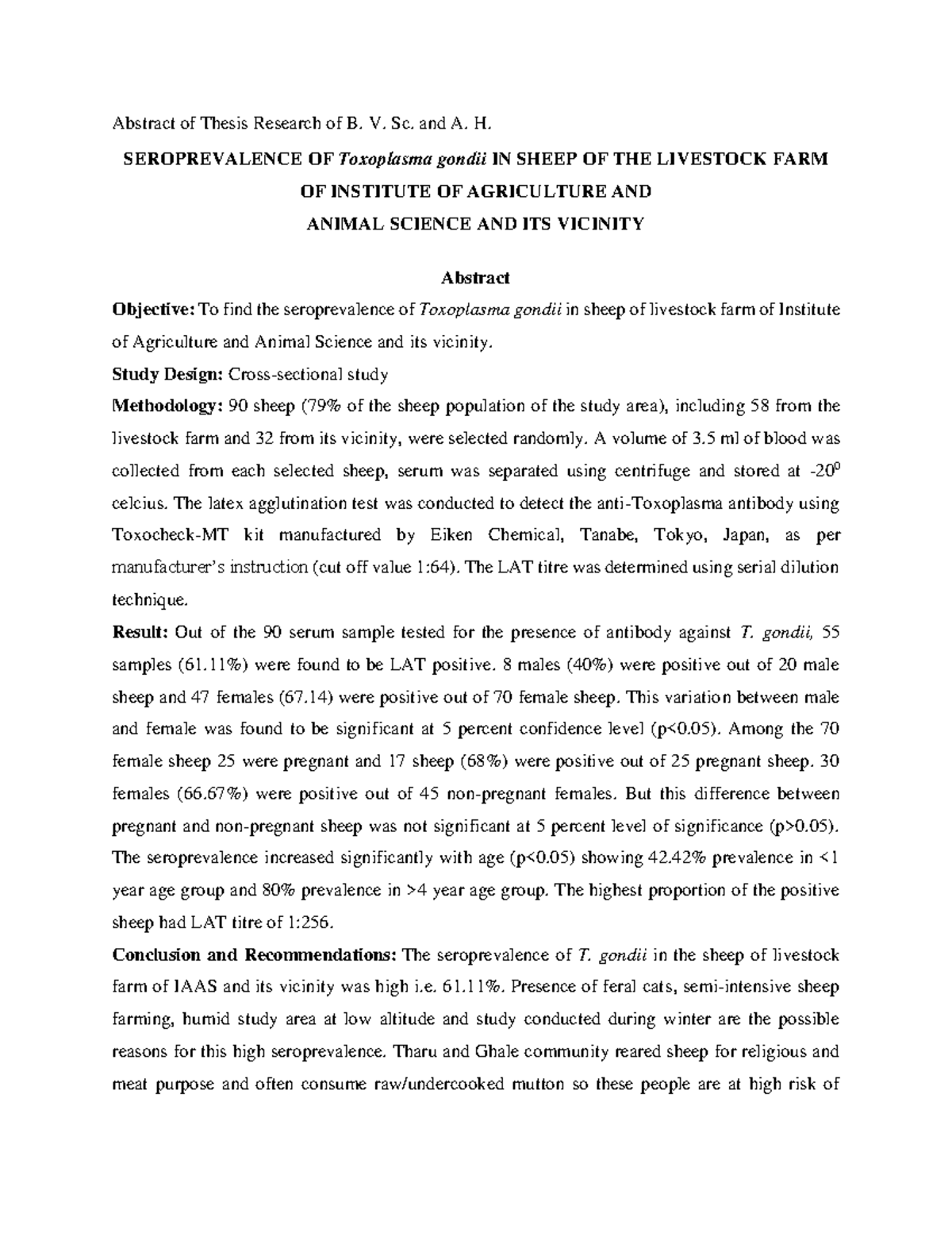 Abstracts research thesis - Abstract of Thesis Research of B. V. Sc ...