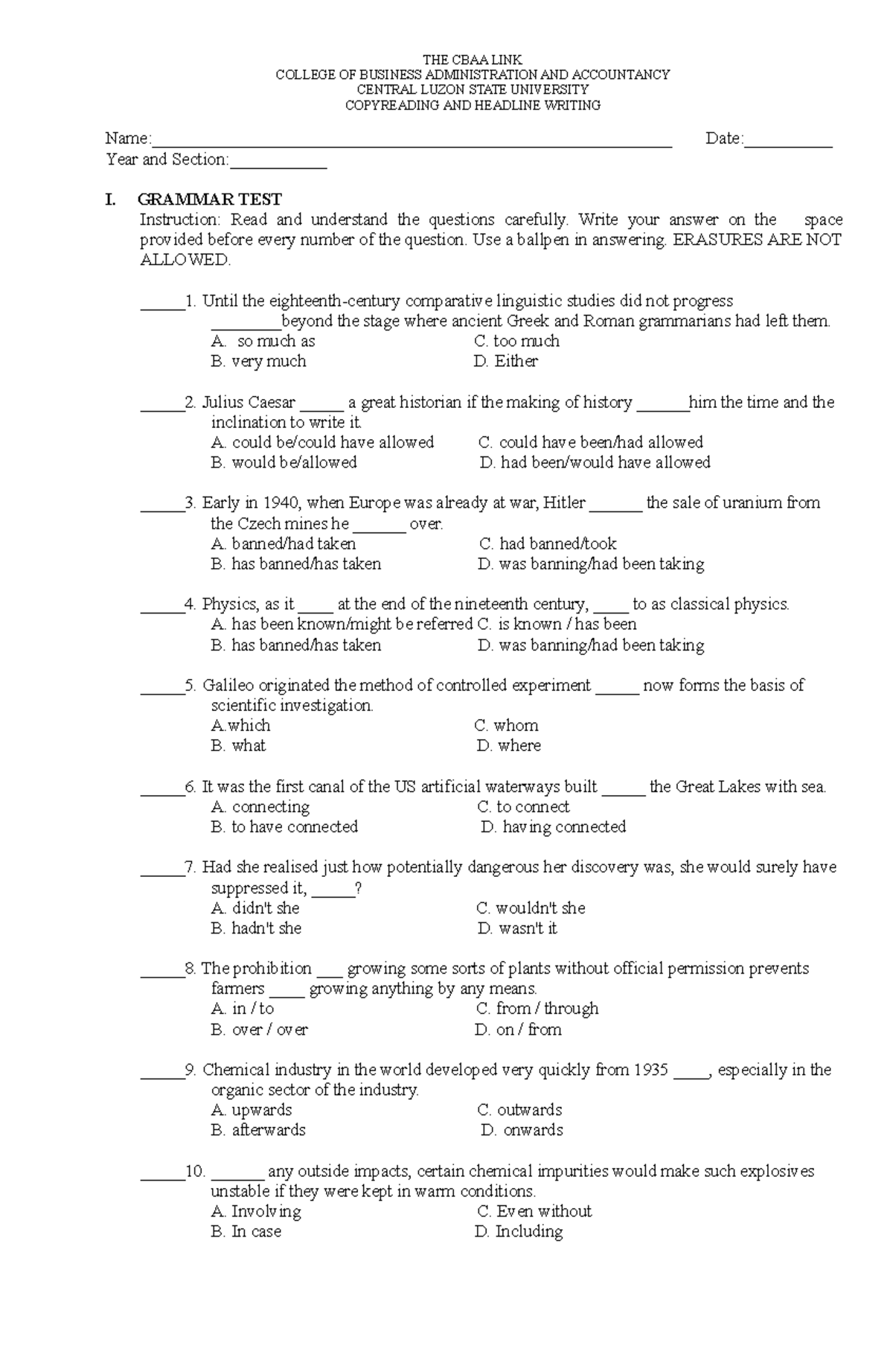 Copyreading-and-Headline-Writing-Test-Paper 2023 - COLLEGE OF BUSINESS ...