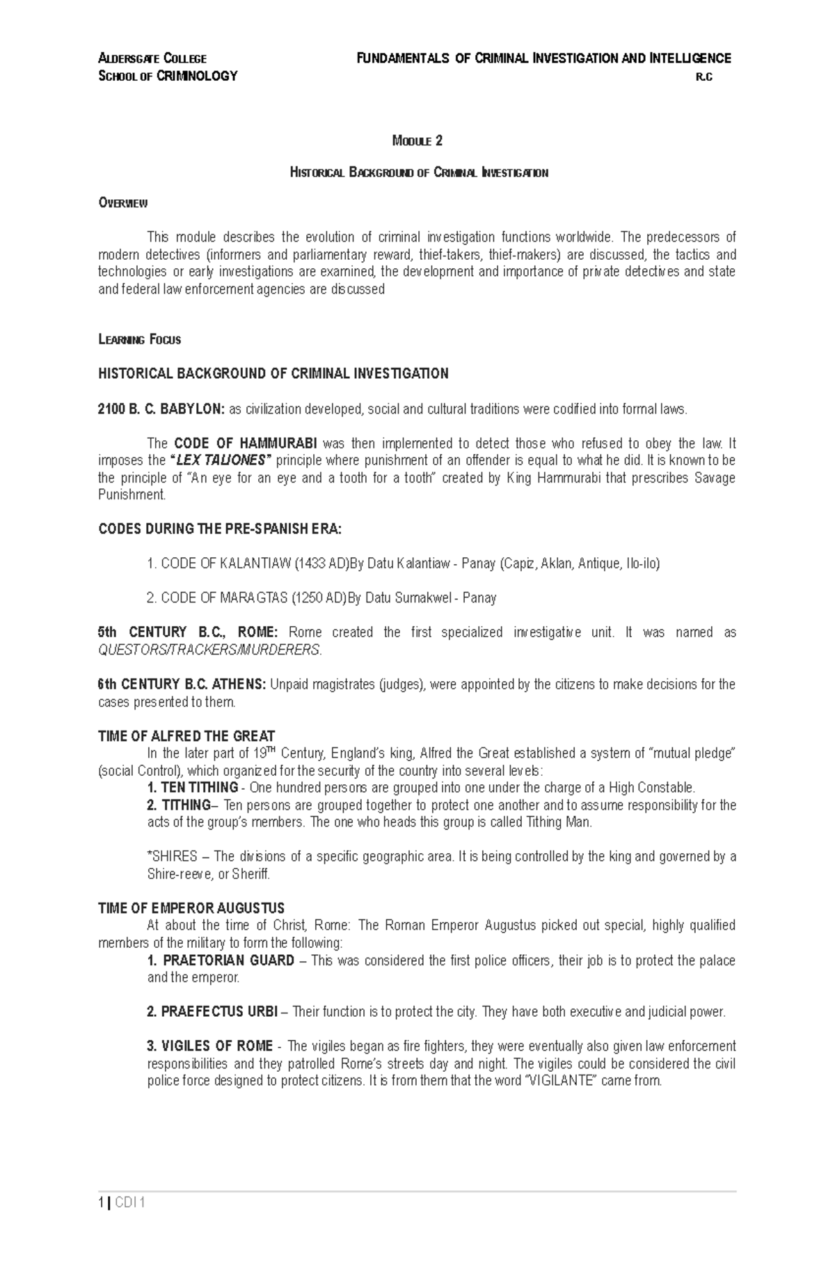Module 2 Historical Background of Criminal Investigation docx - SCHOOL ...