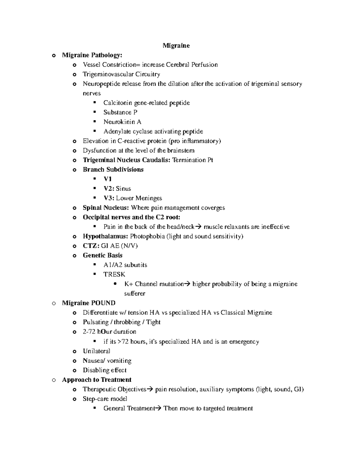 Thera EXAM 2 - pharmD 4th year notes - Migraine o Migraine Pathology: o ...