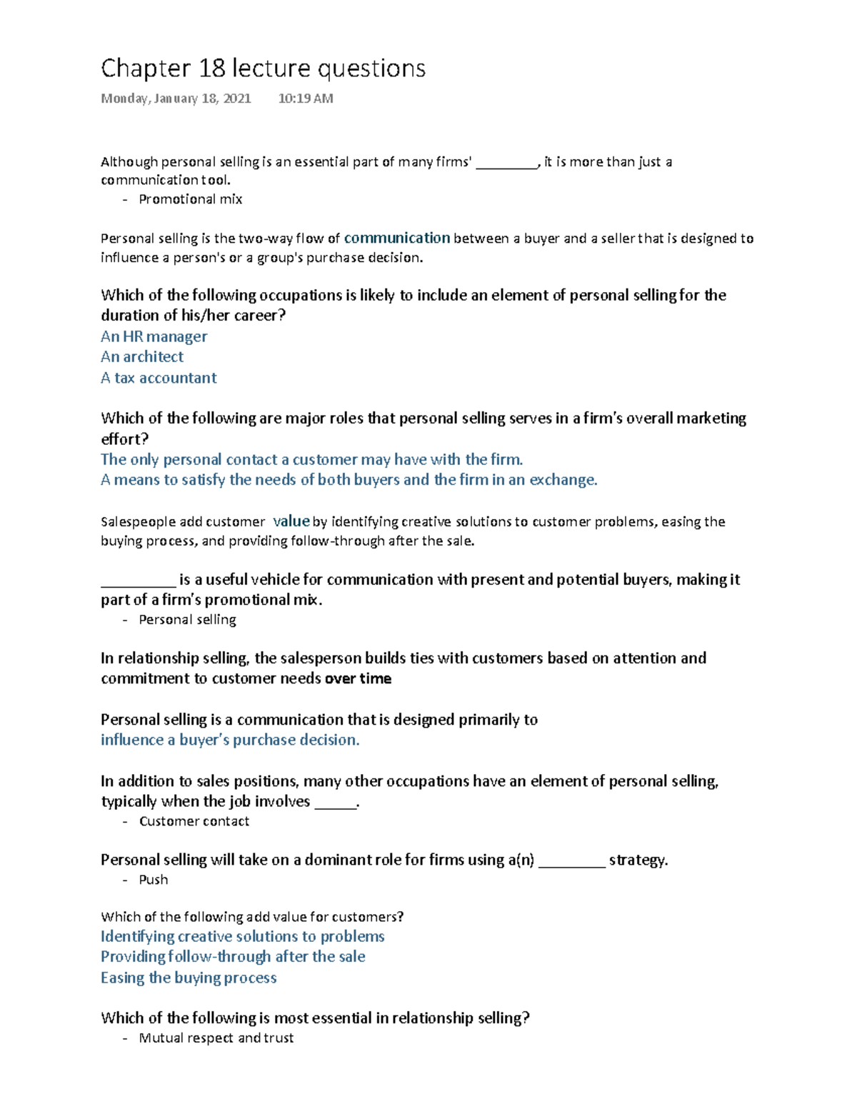 Chapter 18 lecture - ůƚŚŽƵŐŚ ƉĞƌƐŽŶĂů ƐĞůůŝŶŐ ŝƐ ĂŶ ĞƐƐĞŶƚŝĂů ƉĂƌƚ ŽĨ ...