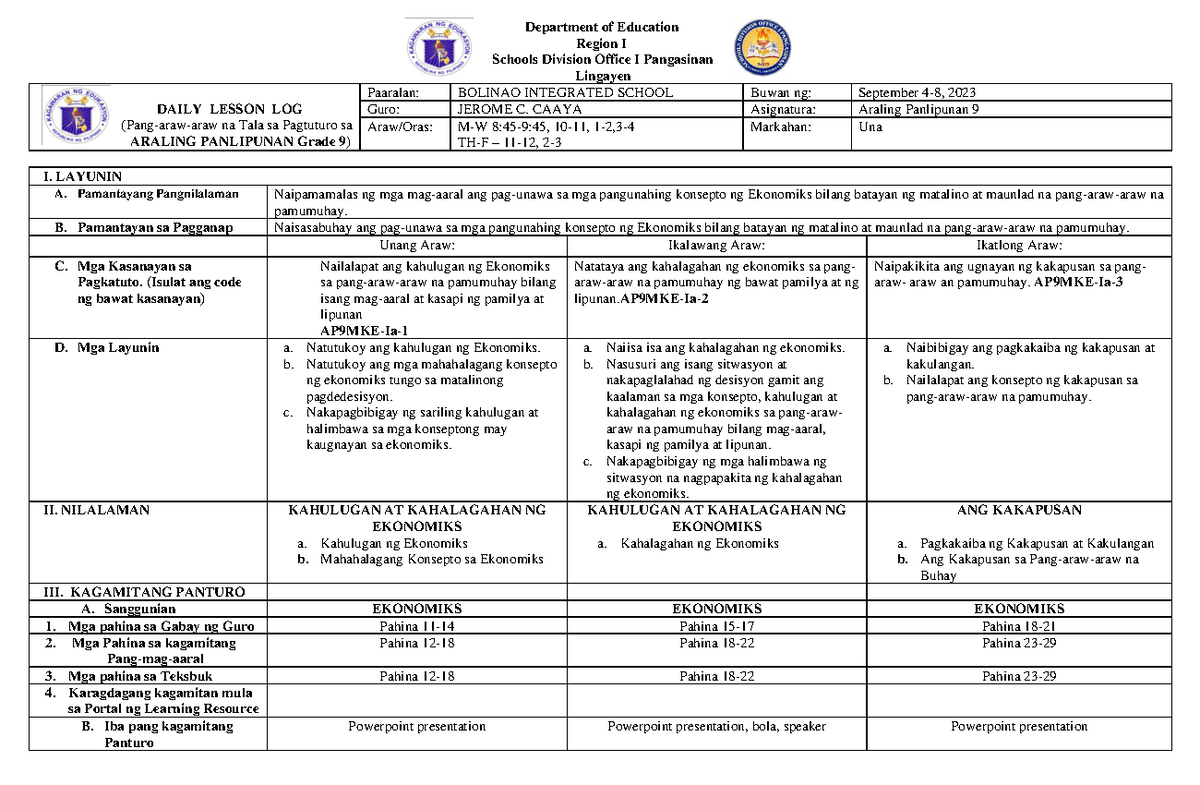 AP 9 1st Grading Week 1 - lesson plan - Department of Education Region ...