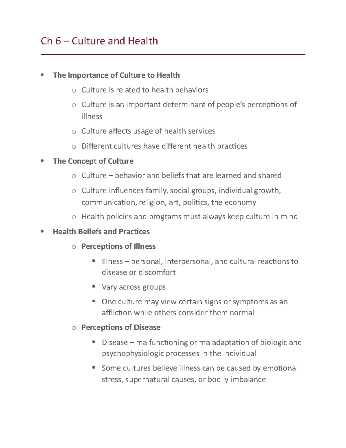 Ch 6- culture and health - Ch 6 Culture and Health The Importance of ...