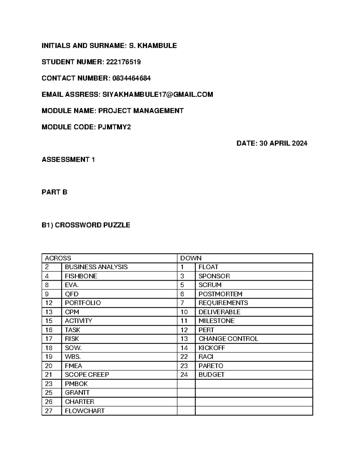 Project Management ASS 1 - INITIALS AND SURNAME: S. KHAMBULE STUDENT ...
