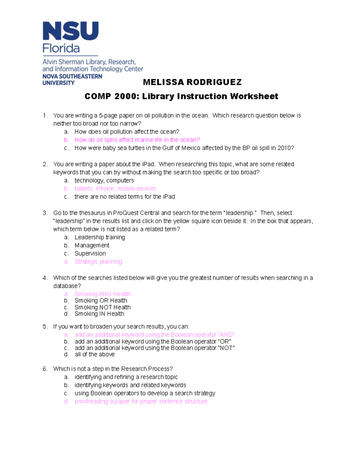 Online COMP2000 Quiz - Quiz - MELISSA RODRIGUEZ COMP 2000: Library ...