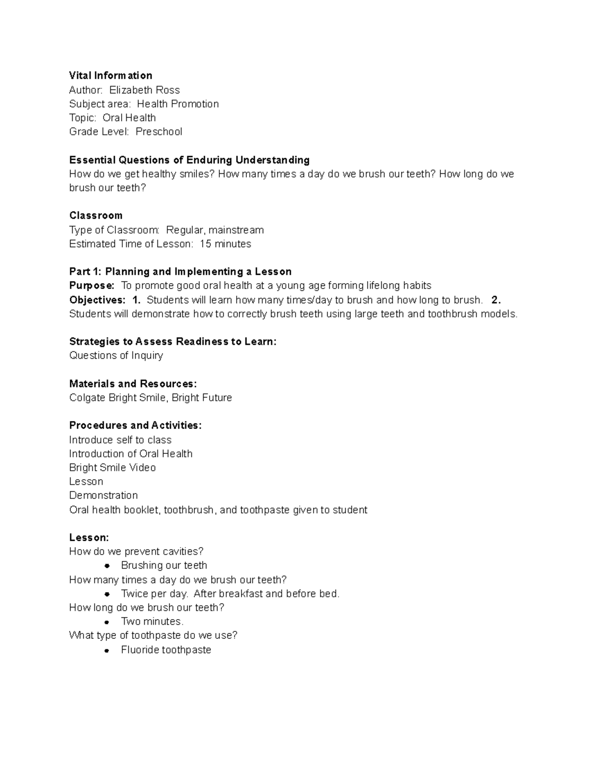 Health Promotion Lesson Plan - Vital Information Author: Elizabeth Ross ...