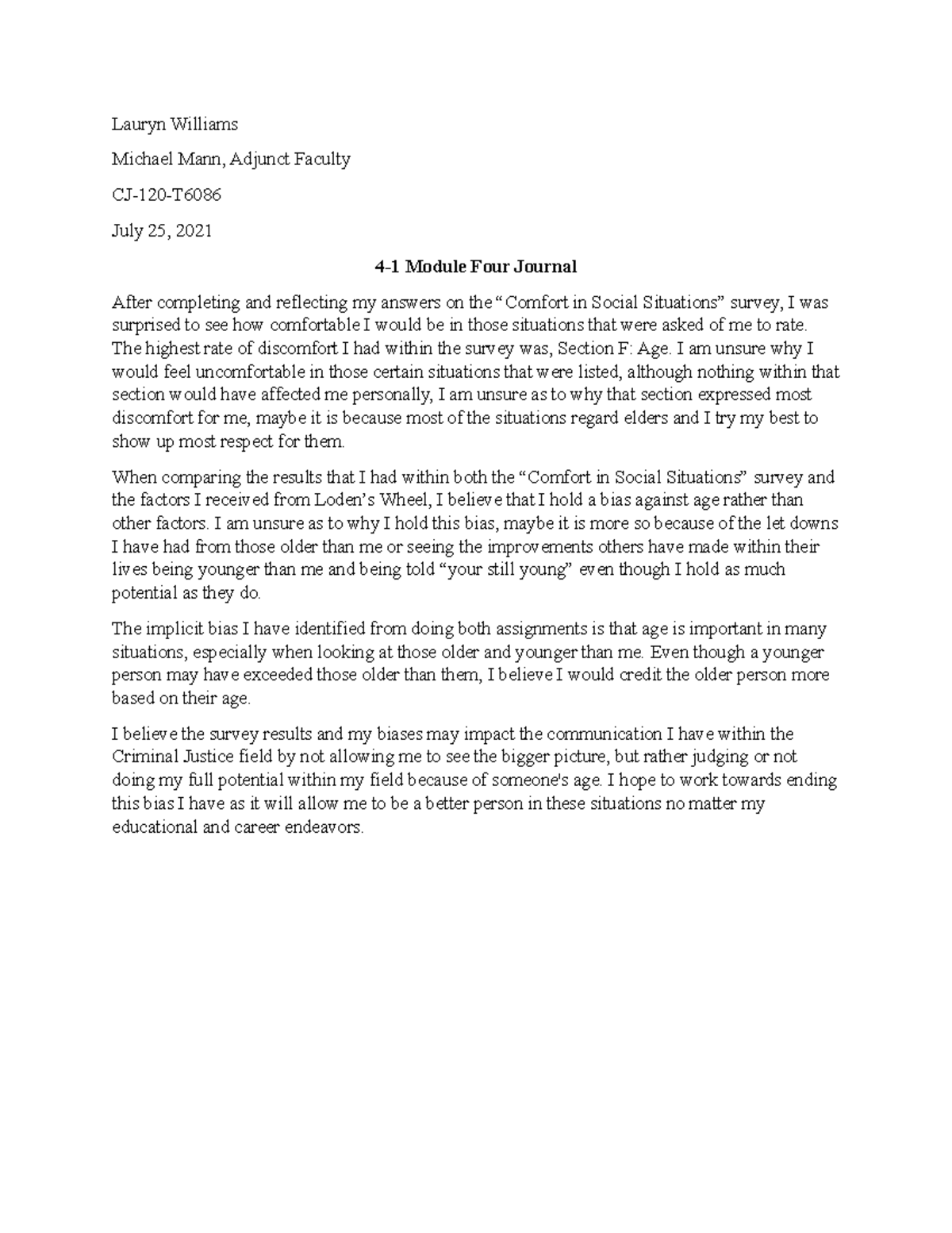 4-1 Module Four Journal - Lauryn Williams Michael Mann, Adjunct Faculty ...