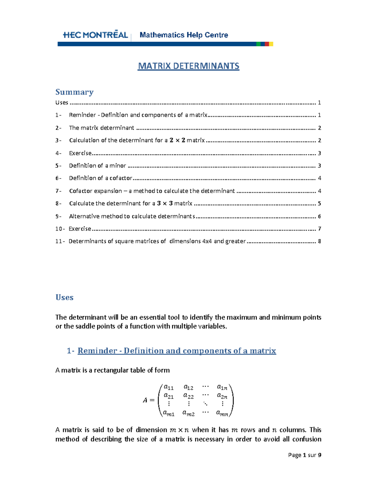 Matrix determinants - Lecture notes 1 - Page 1 sur 9 MATRIX ...