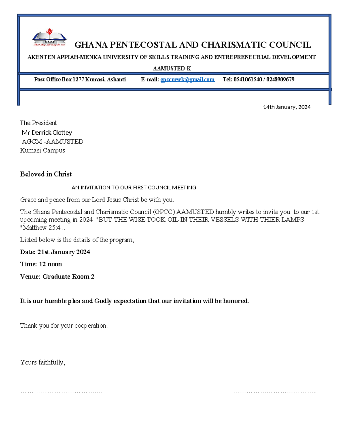 Invitation TO GPCC Council Meeting 2024 - GHANA PENTECOSTAL AND ...
