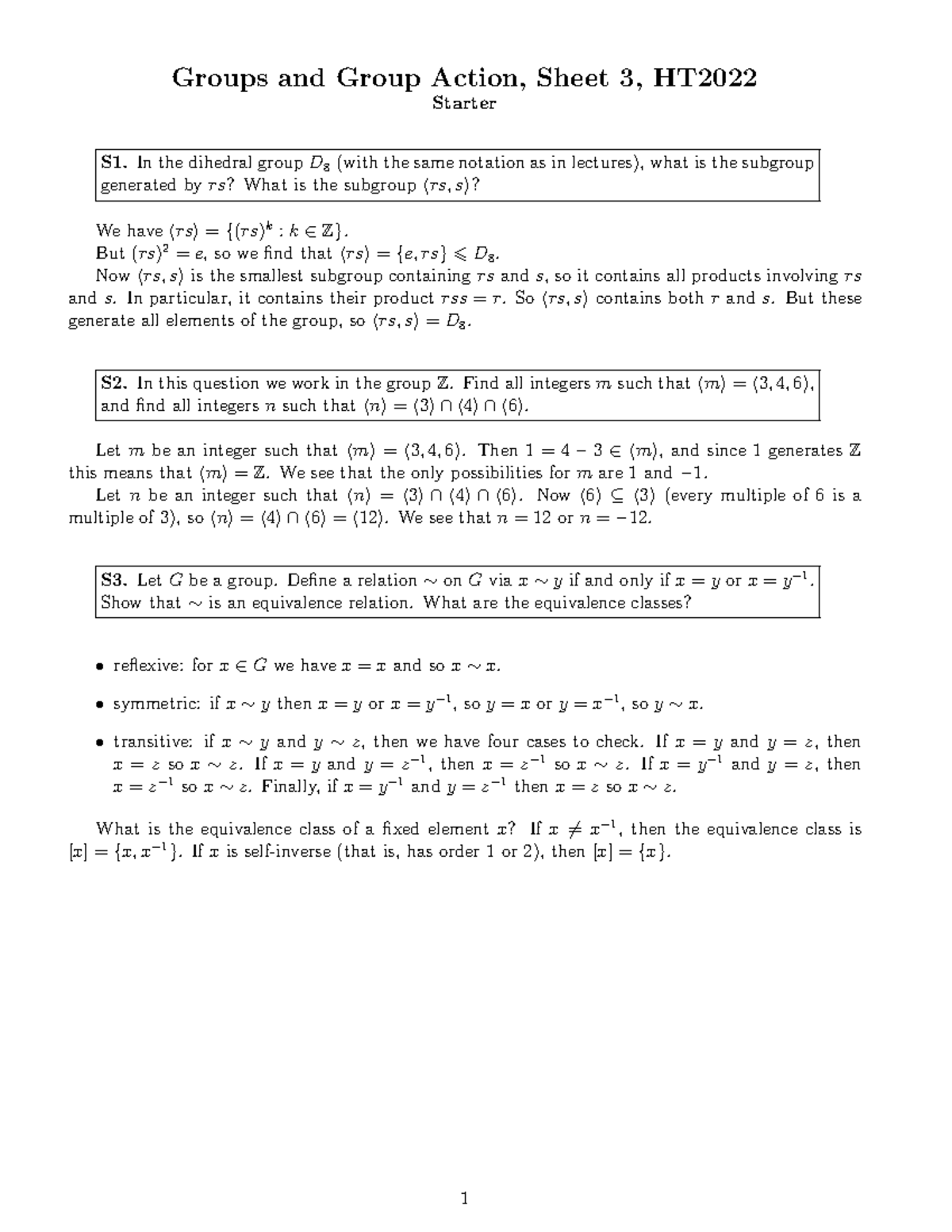 Sheet 3 starter solutions - Groups and Group Action, Sheet 3, HT ...