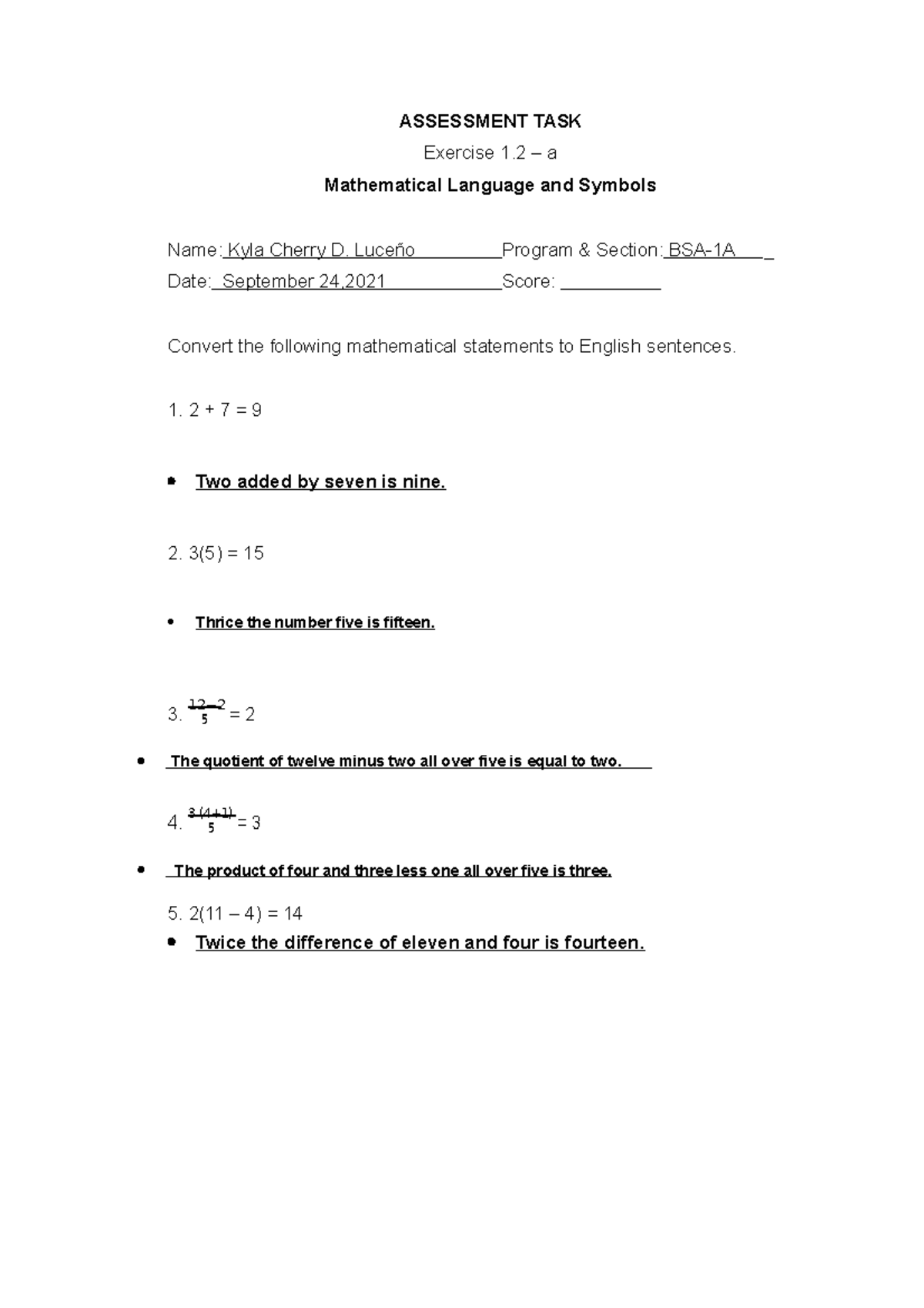 Assessment TASK-Math'l Language & Symbols - ASSESSMENT TASK Exercise 1 ...