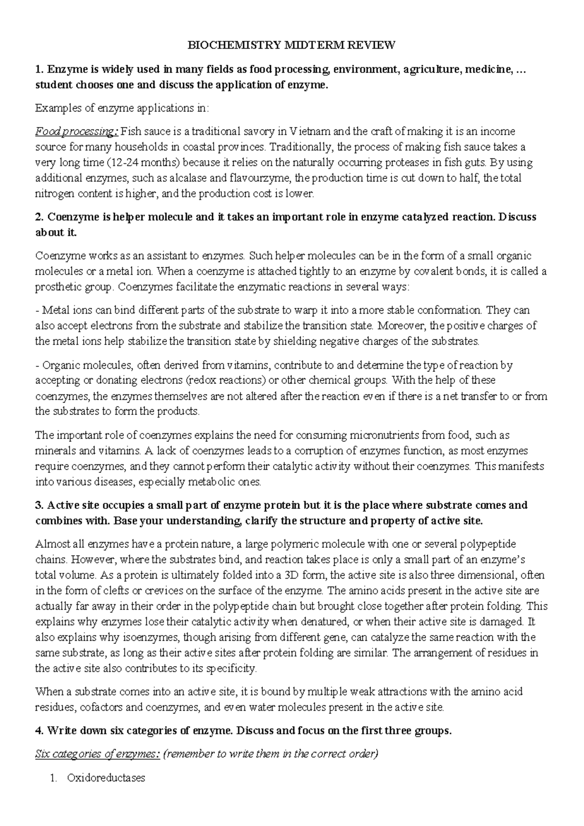 Biochemistry- Midterm- Review - BIOCHEMISTRY MIDTERM REVIEW Enzyme is ...