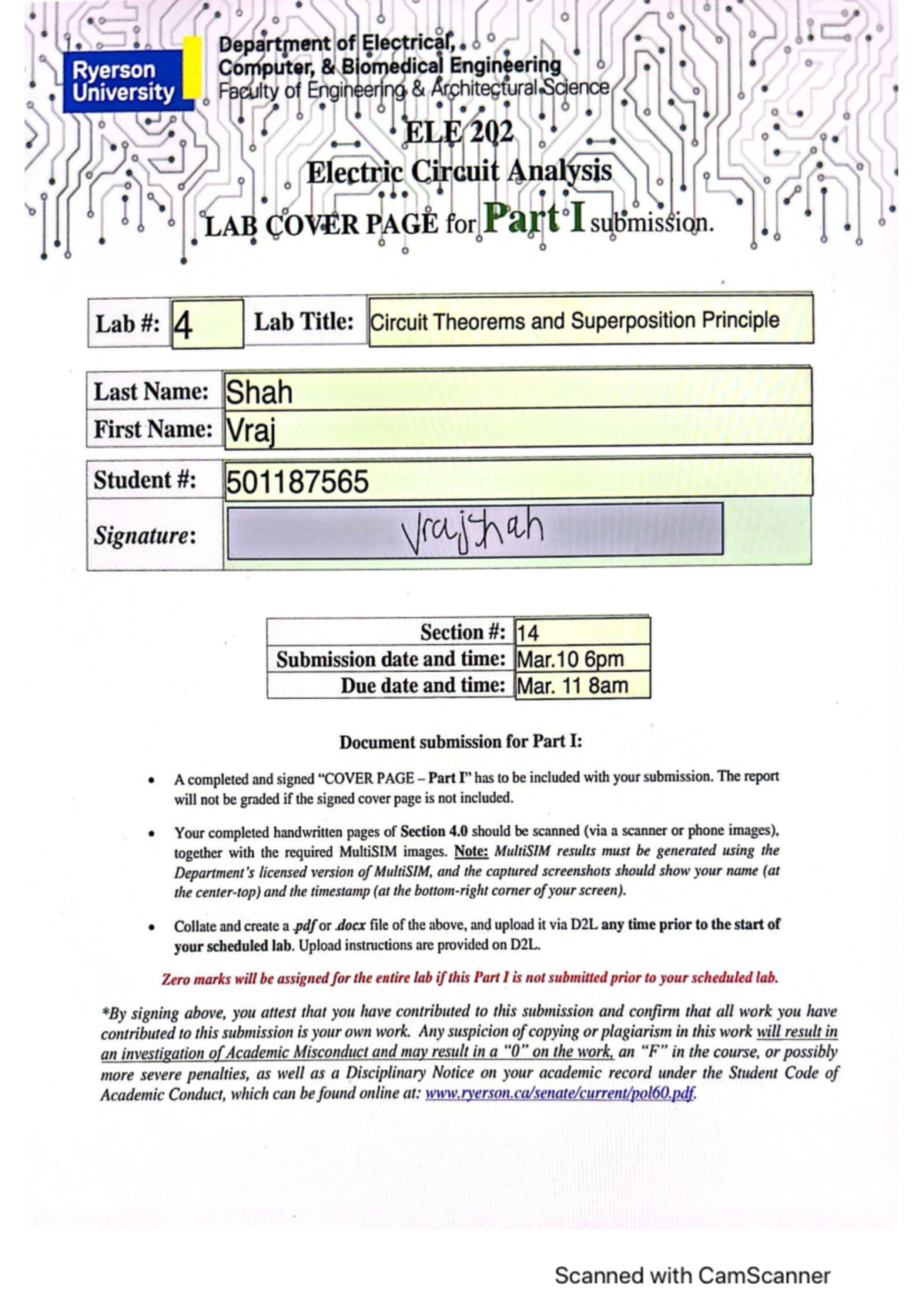 ELE4 - ELE lab report - O Department of Electrical, O ó Ryerson ...