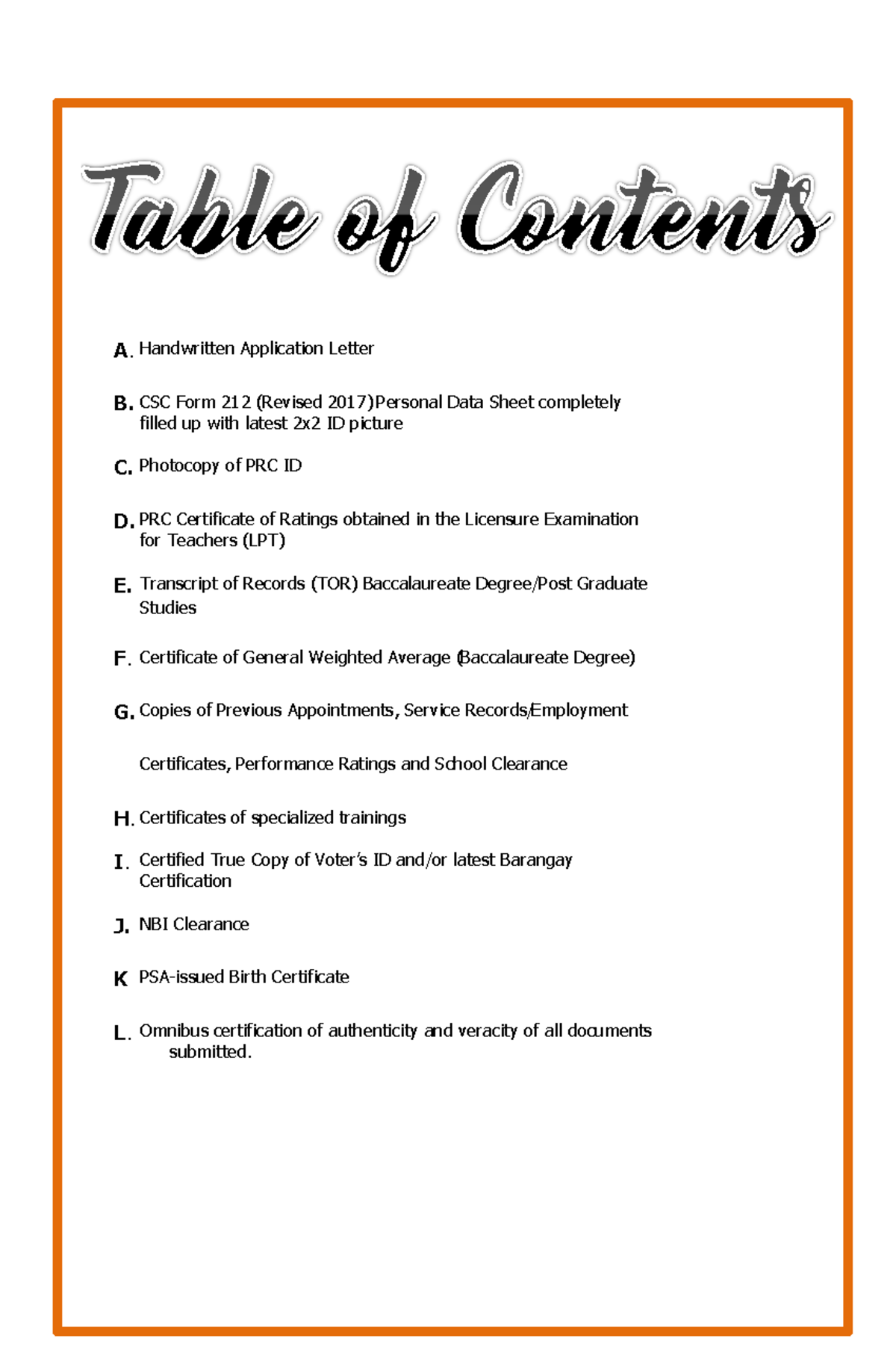 TOC - Very helpful for the course - A. Handwritten Application Letter B ...