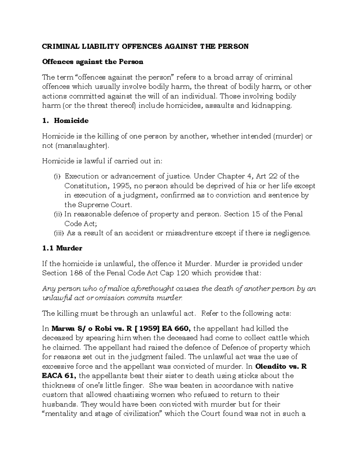 Offences against Person - CRIMINAL LIABILITY OFFENCES AGAINST THE ...