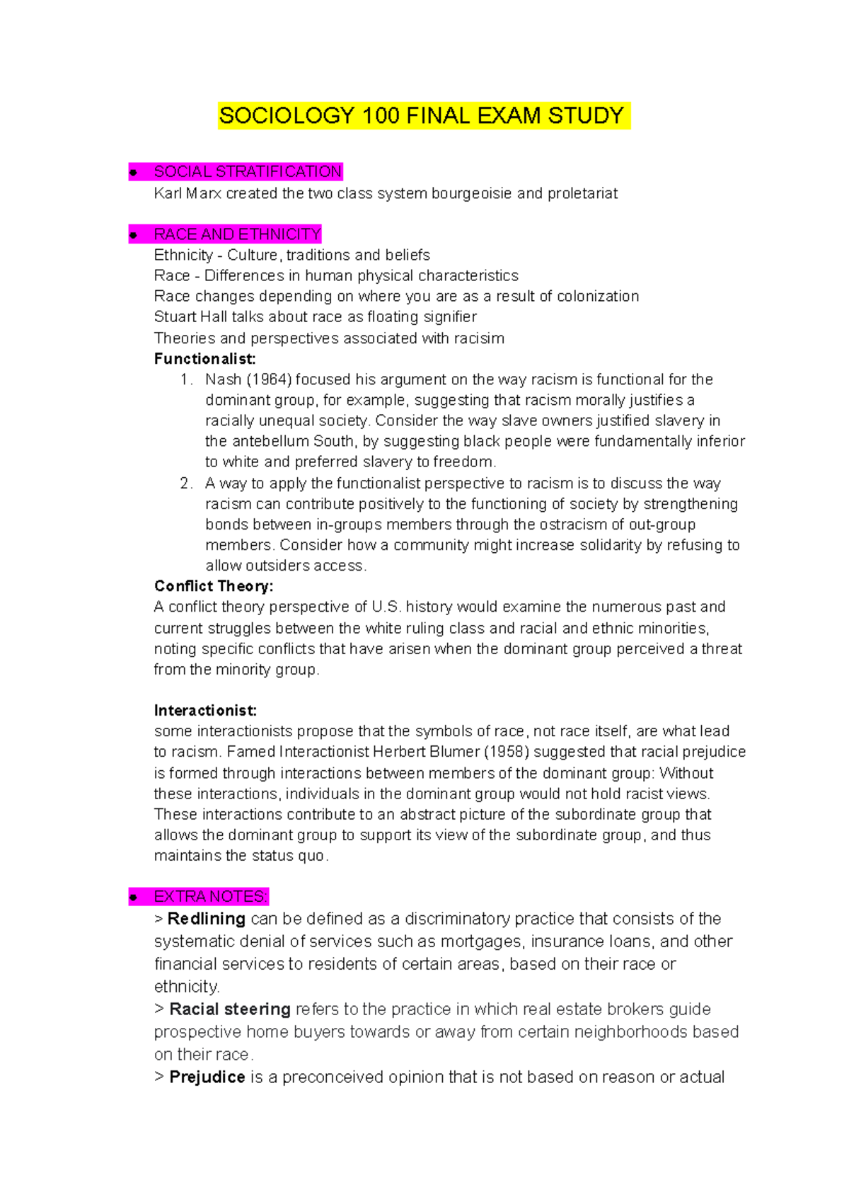 Sociology Final EXAM Study - SOCIOLOGY 100 FINAL EXAM STUDY SOCIAL STRATIFICATION Karl Marx ...