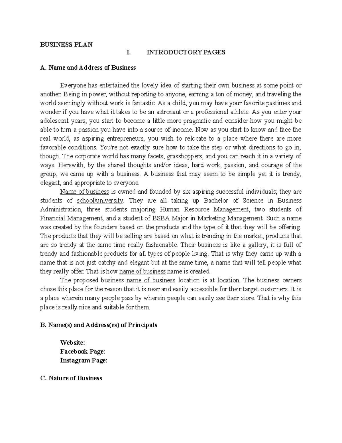 Business PLAN Introductory Pages - BUSINESS PLAN I. INTRODUCTORY PAGES ...