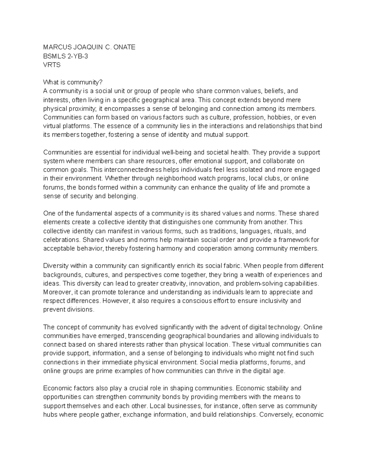 What is Community - MARCUS JOAQUIN C. ONATE BSMLS 2-YB- VRTS What is ...