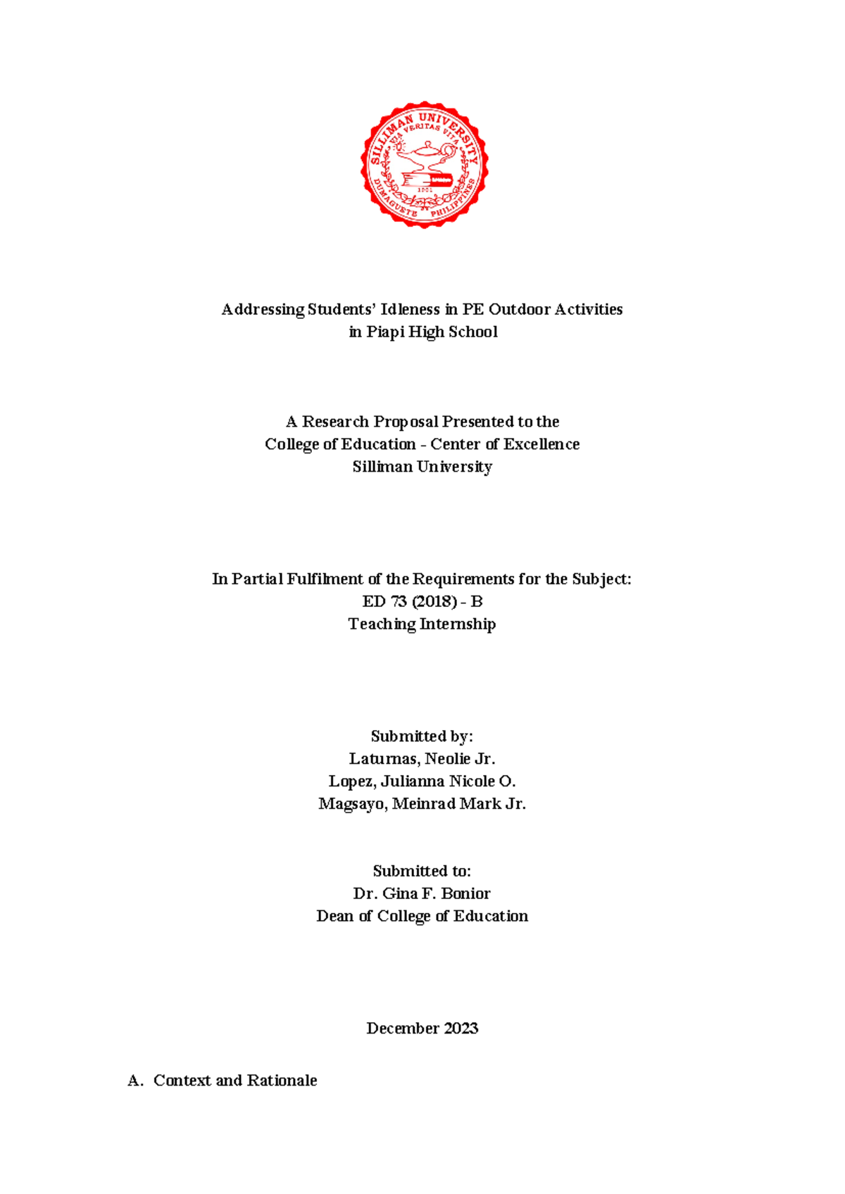 CBAR Proposal asd - Addressing Students’ Idleness in PE Outdoor ...