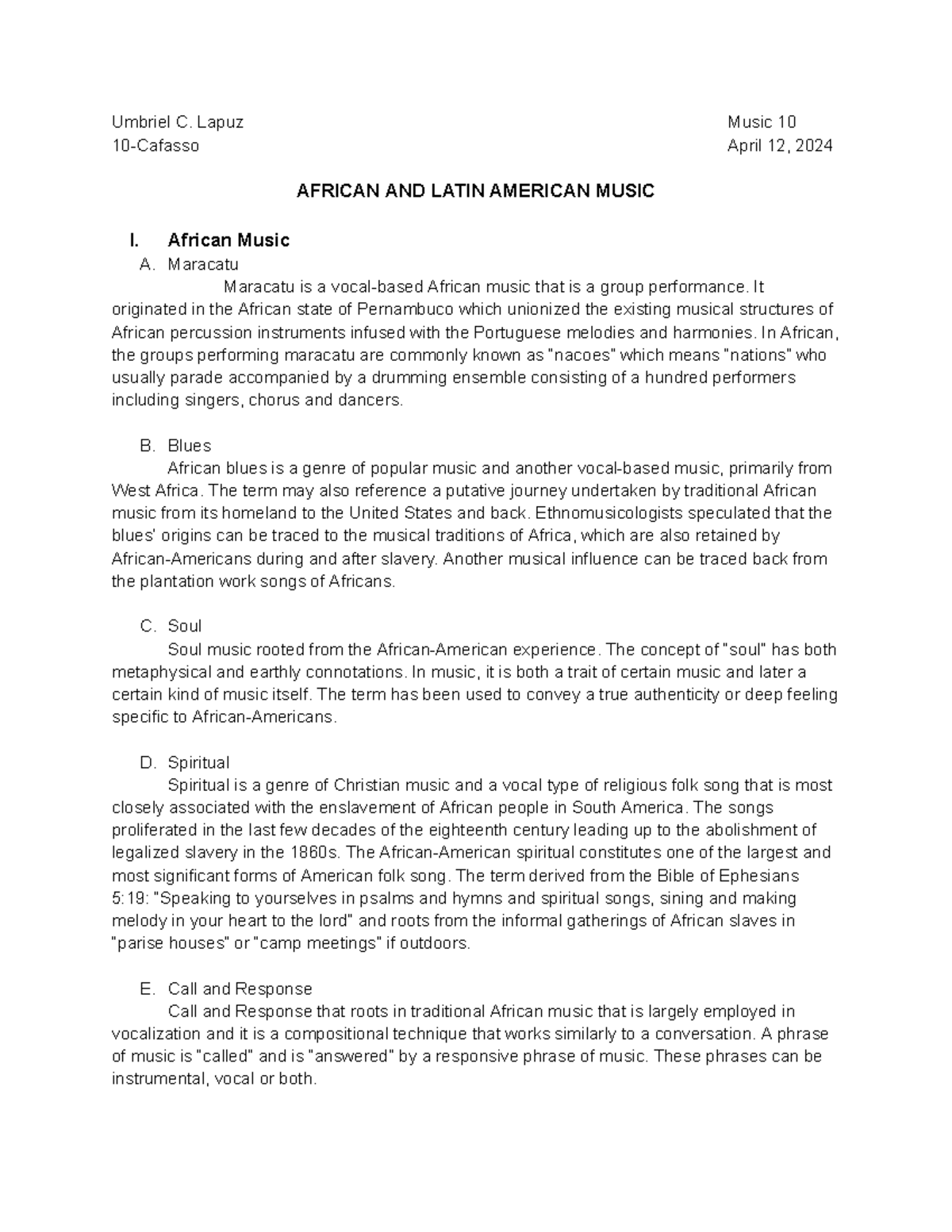 SPLA 1 - African and Latin American Music - Umbriel C. Lapuz Music 10 ...