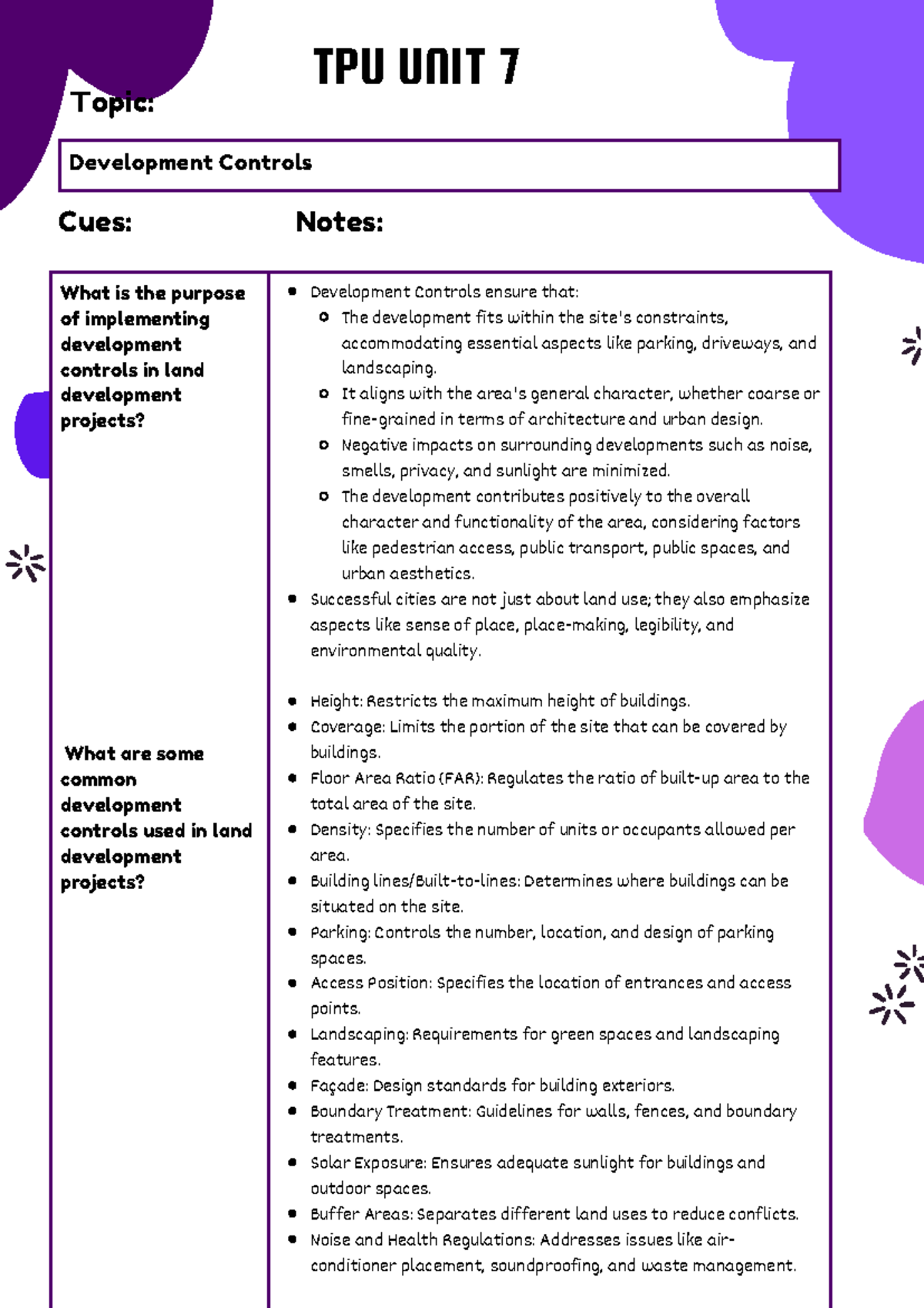 TPU 211 UNIT 7 - TTF - Development Controls What is the purpose of ...