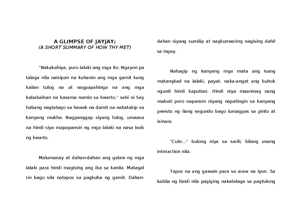 A Glimpse OF Jayjay - short story - A GLIMPSE OF JAYJAY; (A SHORT SUMMARY OF HOW THY MET) - Studocu