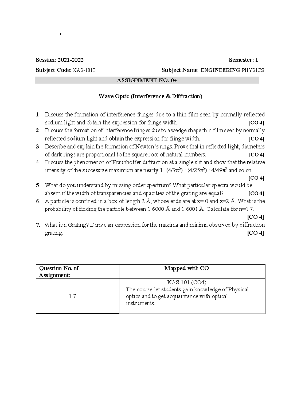 Unit_4_Engg._Physics_AKTU_Assignment - , Session: 2021- Subject Code: KAS-101T Semester: I ...