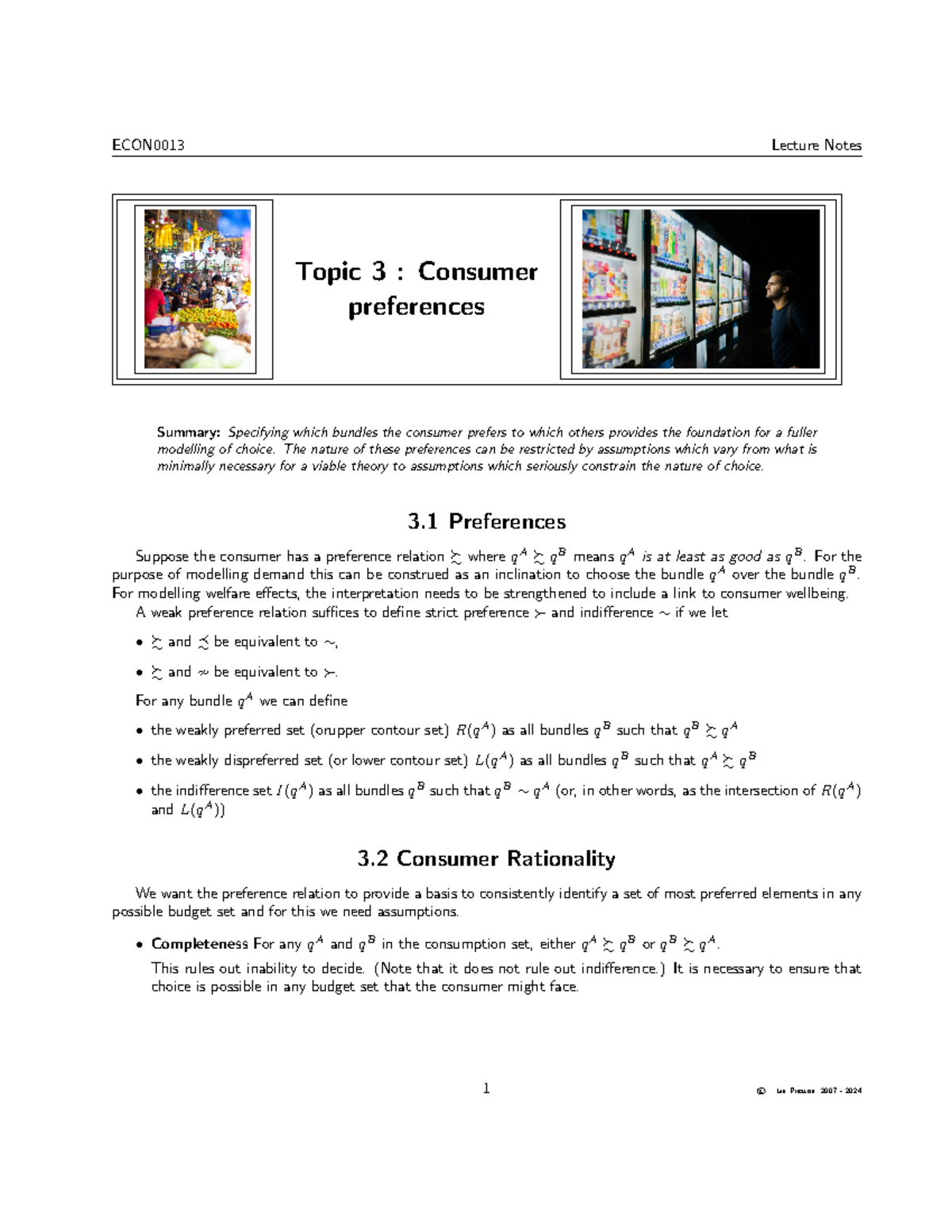 0013 lect3 - Topic 3 : Consumer preferences Summary: Specifying which bundles the consumer ...