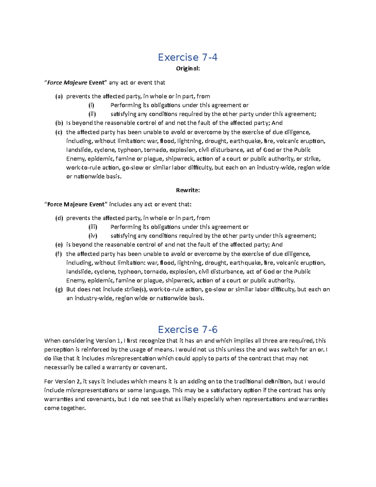 Drafting Business Docs Exercise 7 [assignment] - Exercise 7- Original: “Force Majeure Event” any ...