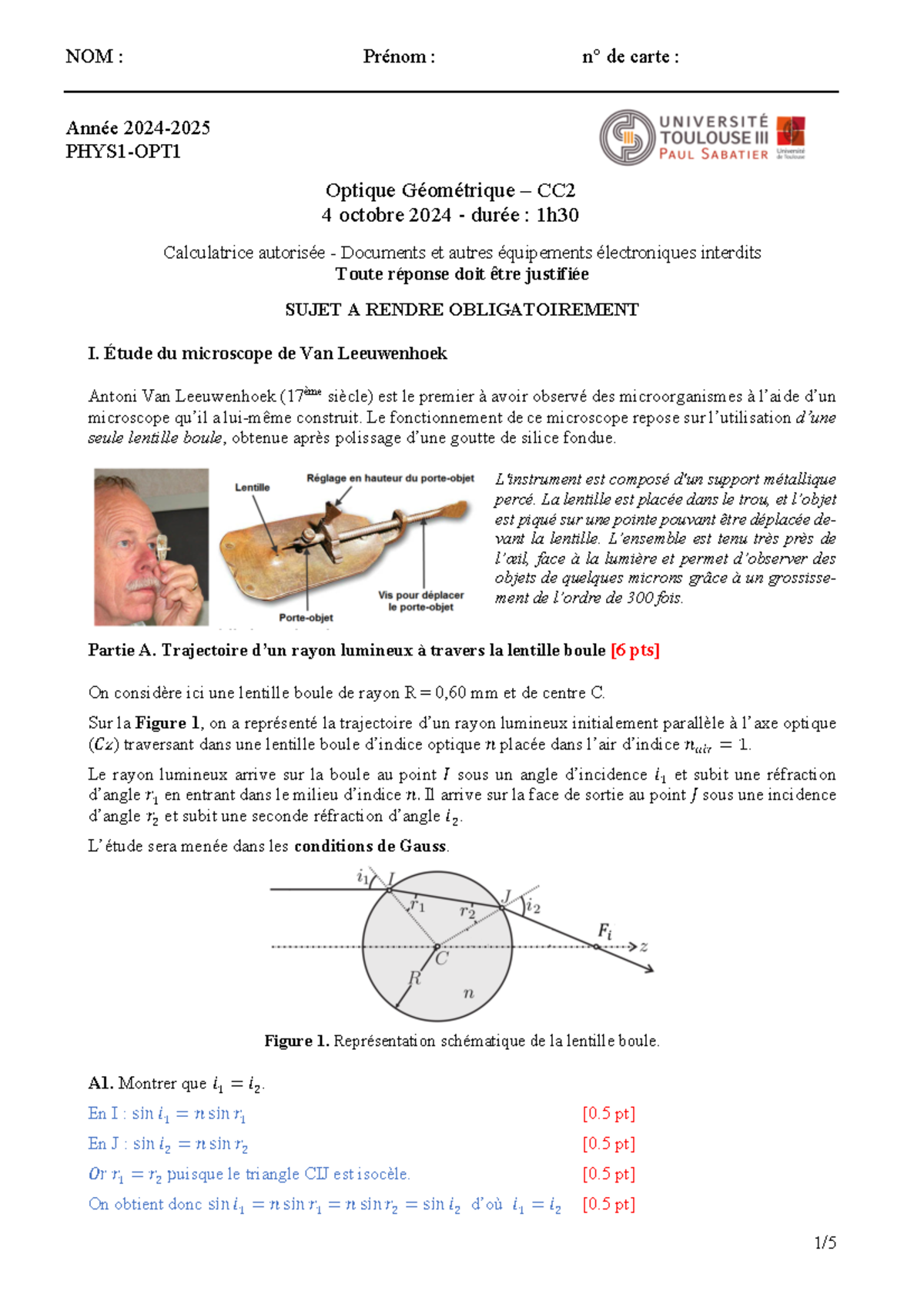 Correction CC2 section A - NOM : Prénom : n° de carte : Année 2024- PHYS1-OPT Optique ...