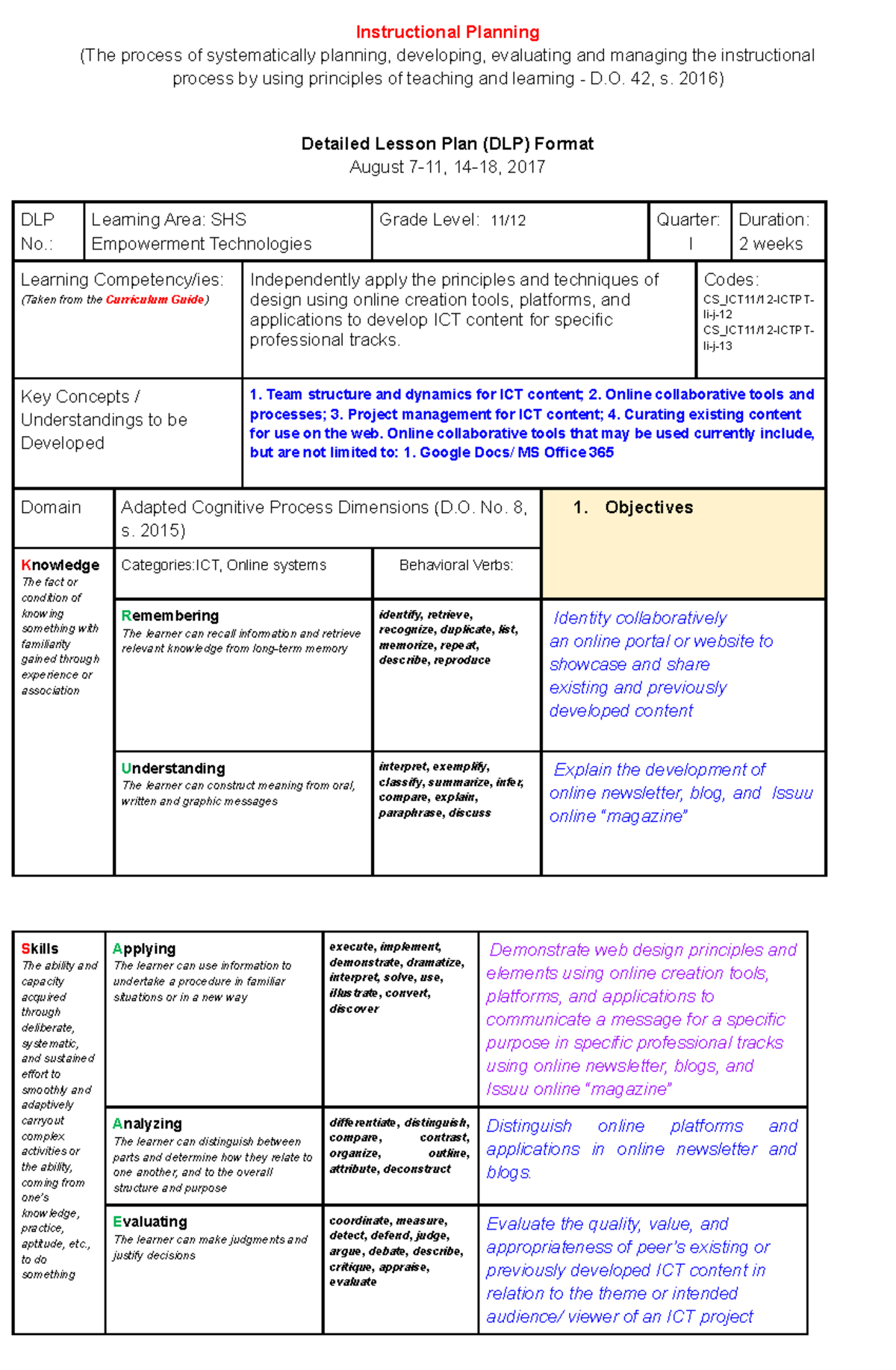 DLP Weeks 9 and 10 - DLL - Instructional Planning (The process of ...