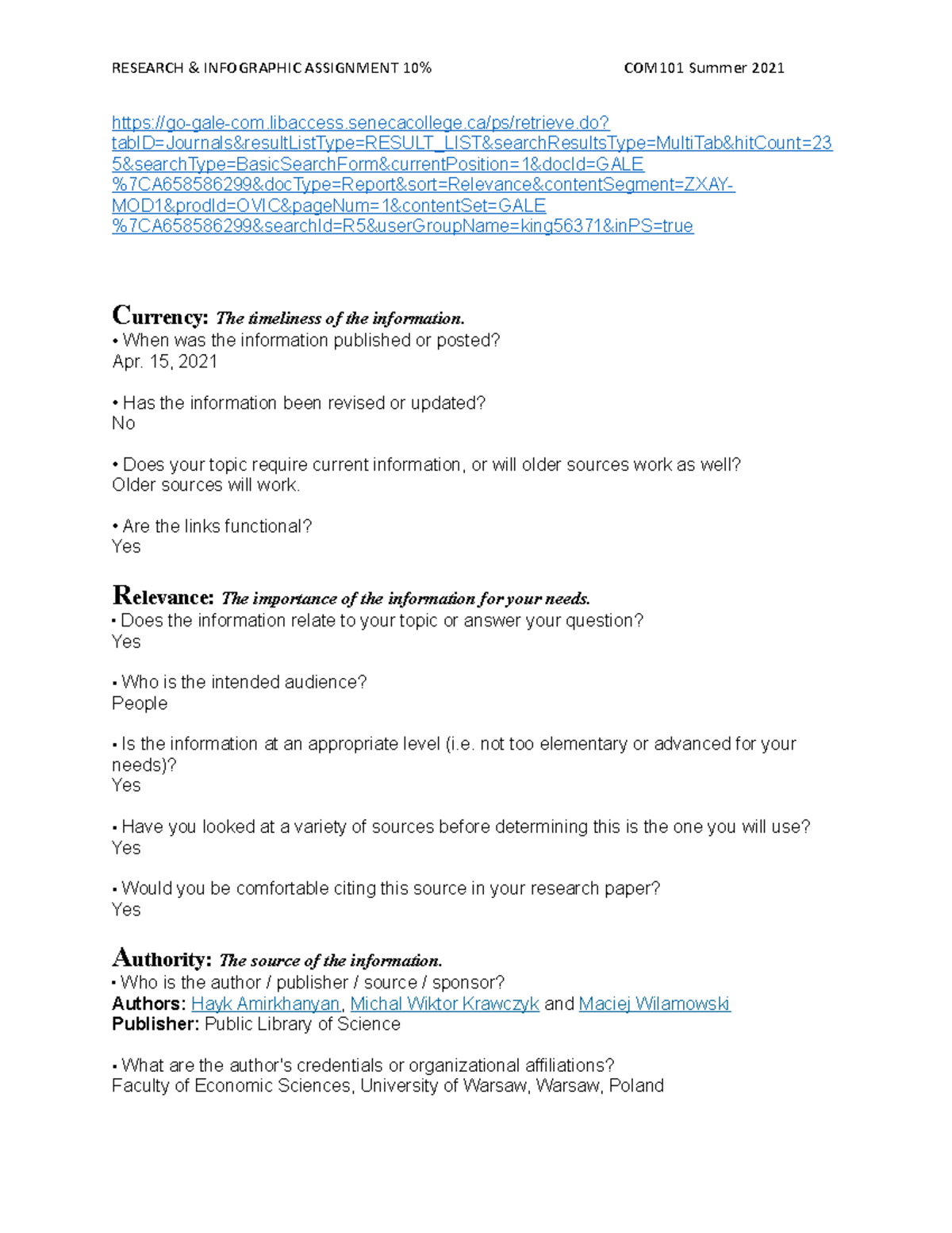 Craap Test - RESEARCH & INFOGRAPHIC ASSIGNMENT 10% COM101 Summer 2021 ...
