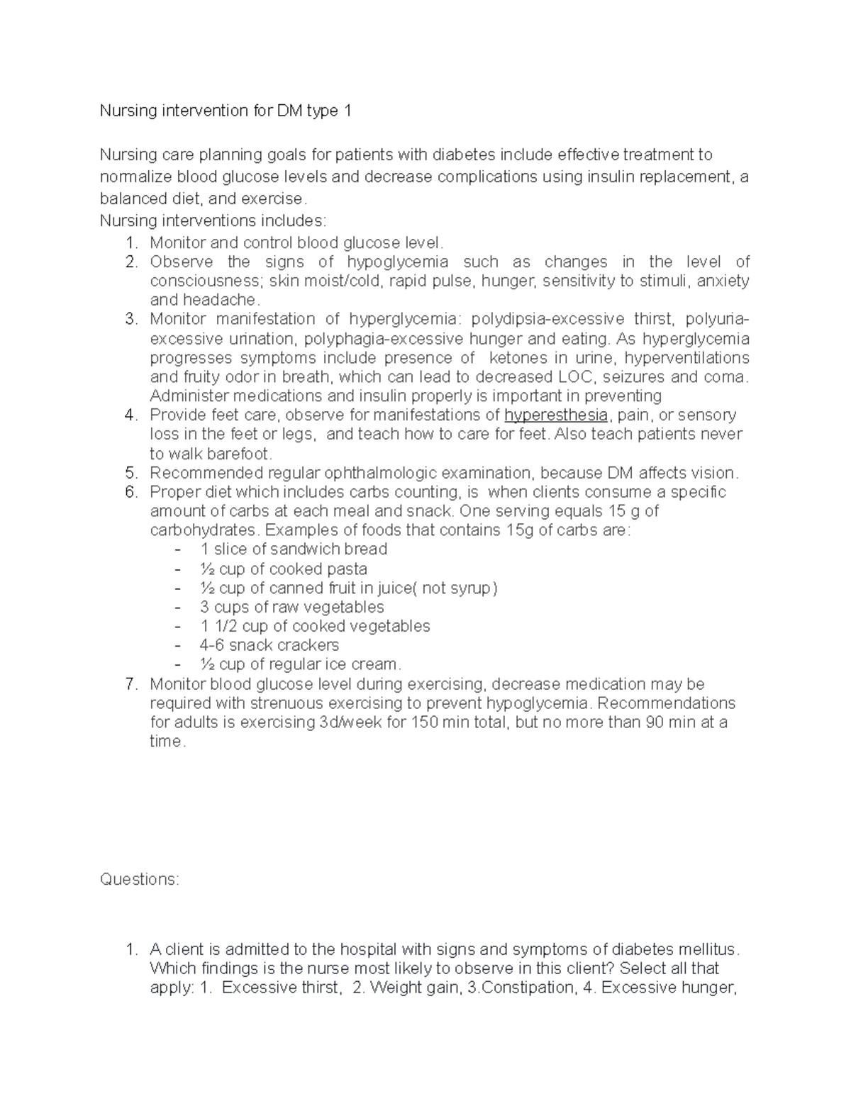 DM presentation - NOTES - Nursing intervention for DM type 1 Nursing ...